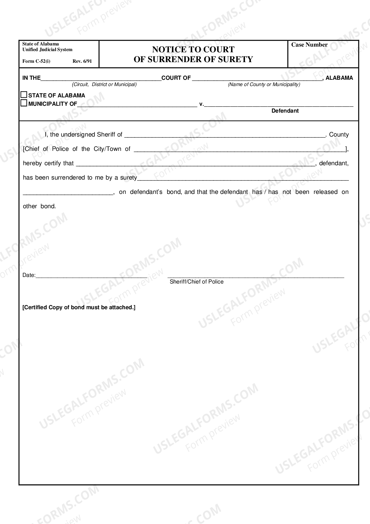 Alabama Notice To Court Of Surrender Of Surety - Surrender By Surety ...