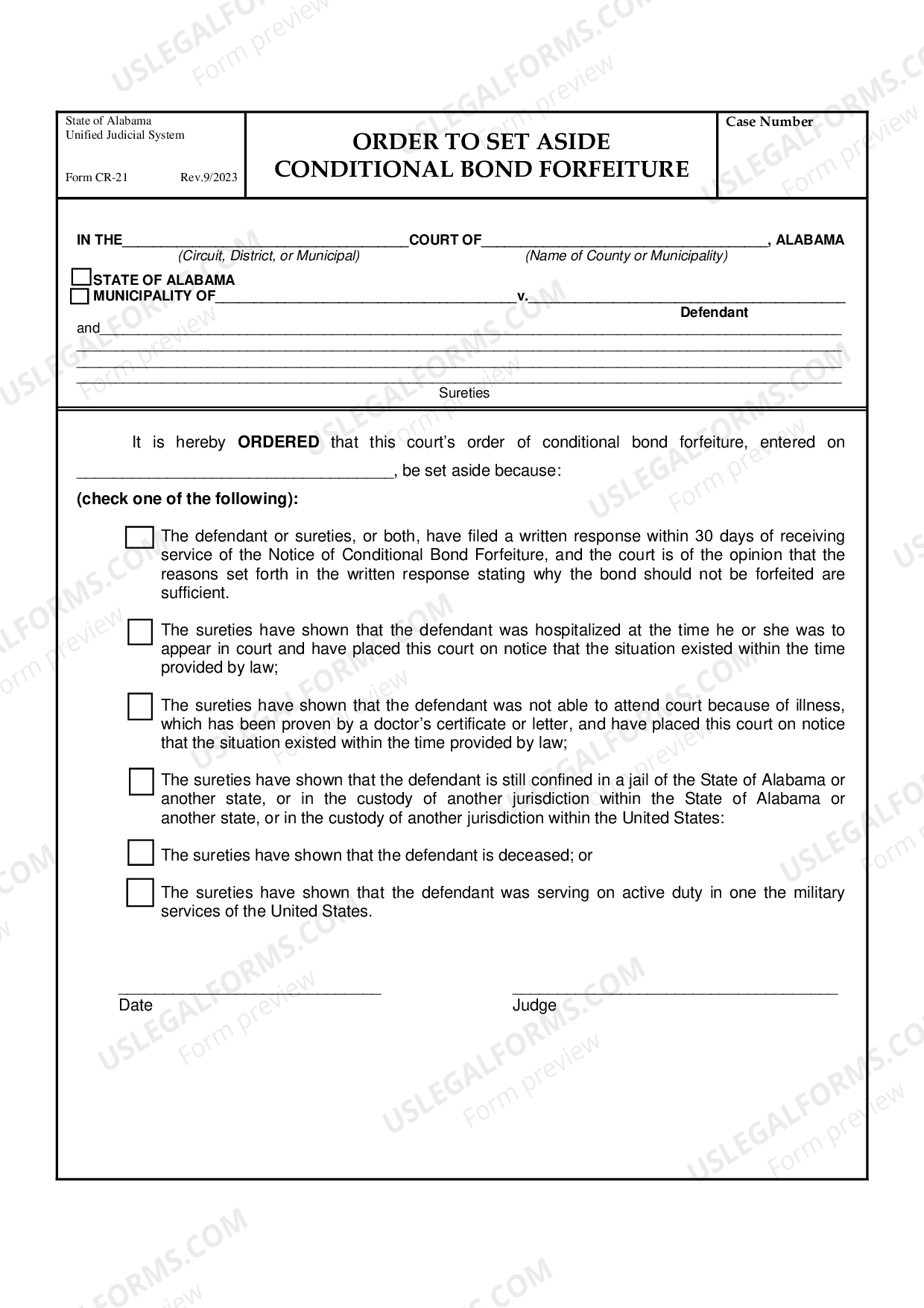 Alabama Order to Set Aside Conditional Bond Forfeiture | US Legal Forms