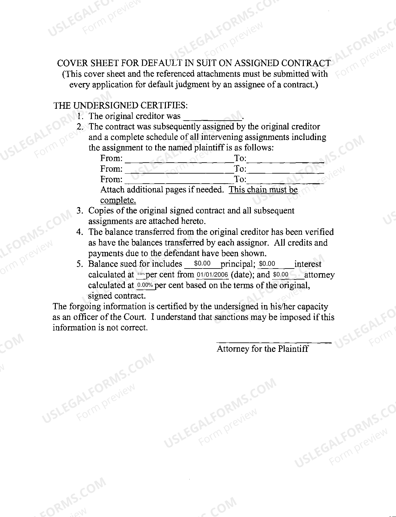 Alabama Cover Sheet for Default in Suit on Assigned Contract | US Legal ...