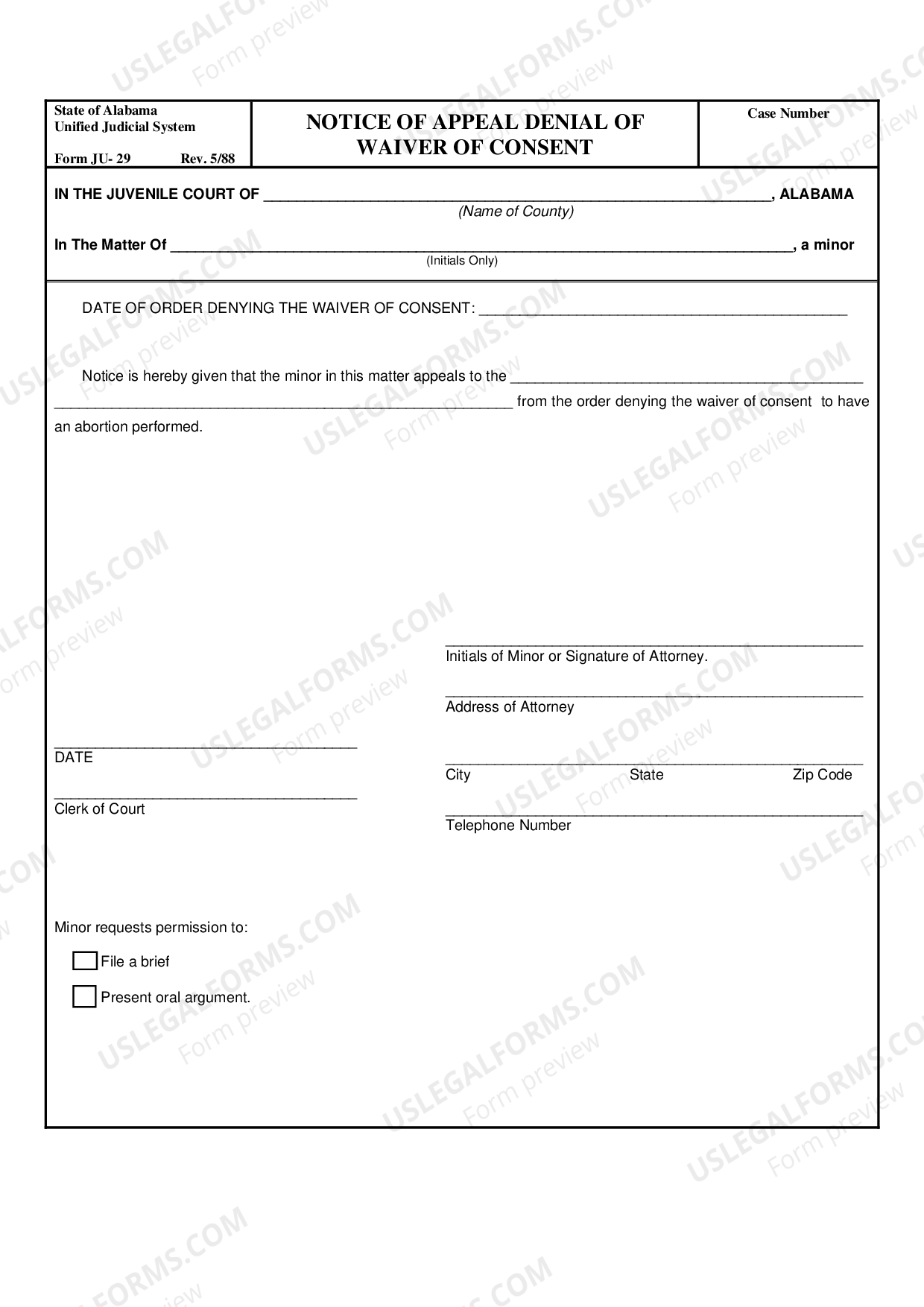 Alabama Notice of Appeal - Denial of Waiver of Consent | US Legal Forms