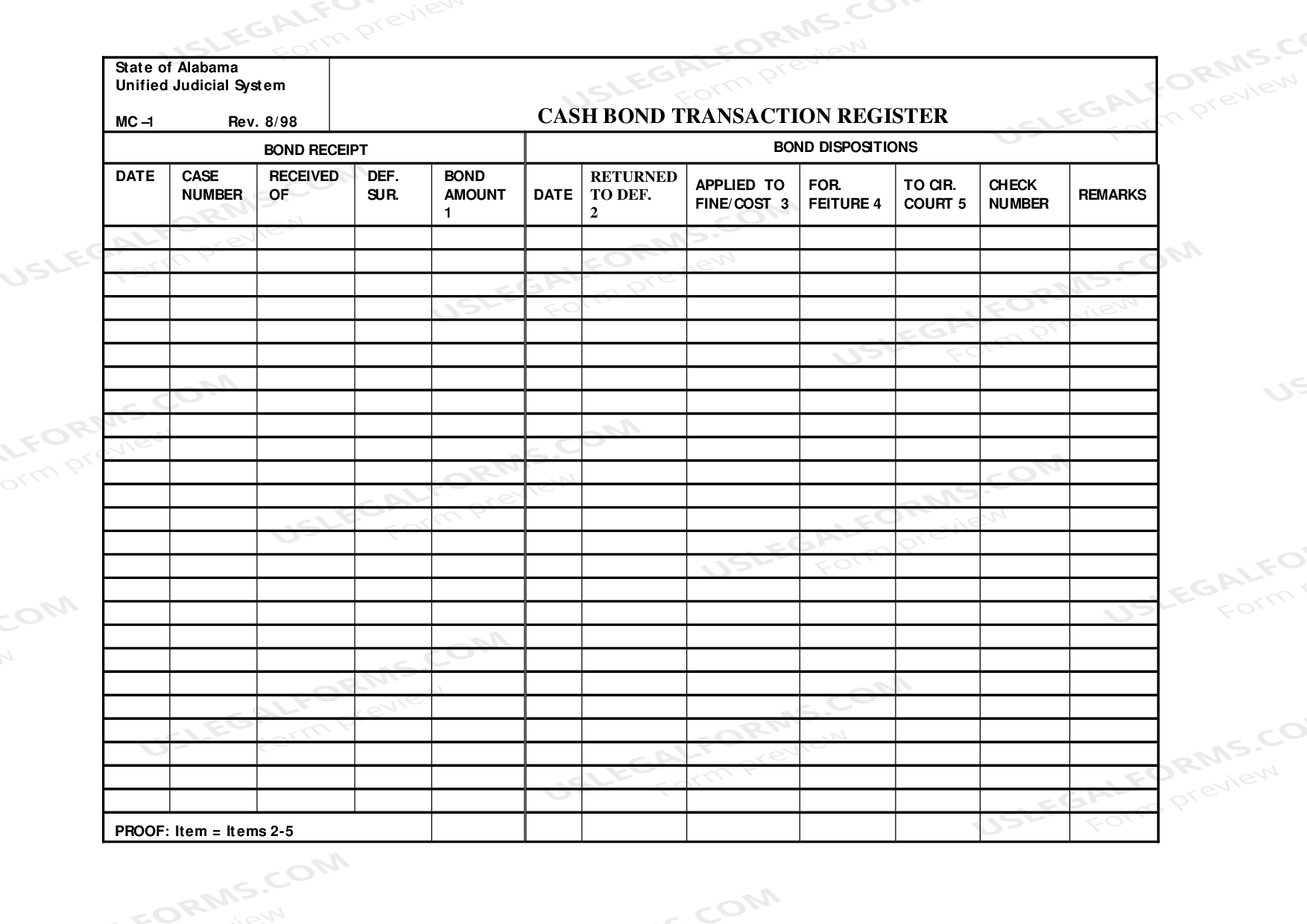 Alabama Cash Bond Transaction Register | US Legal Forms