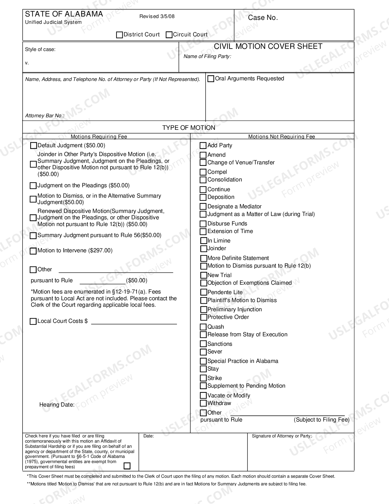 Alabama Motion Cover Sheet | US Legal Forms