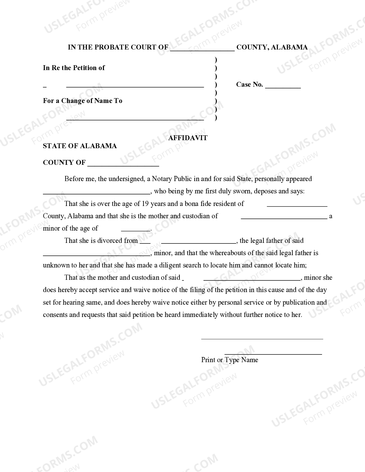 Alabama Affidavit of Mother - Minor Name Change - Name Change Affidavit ...
