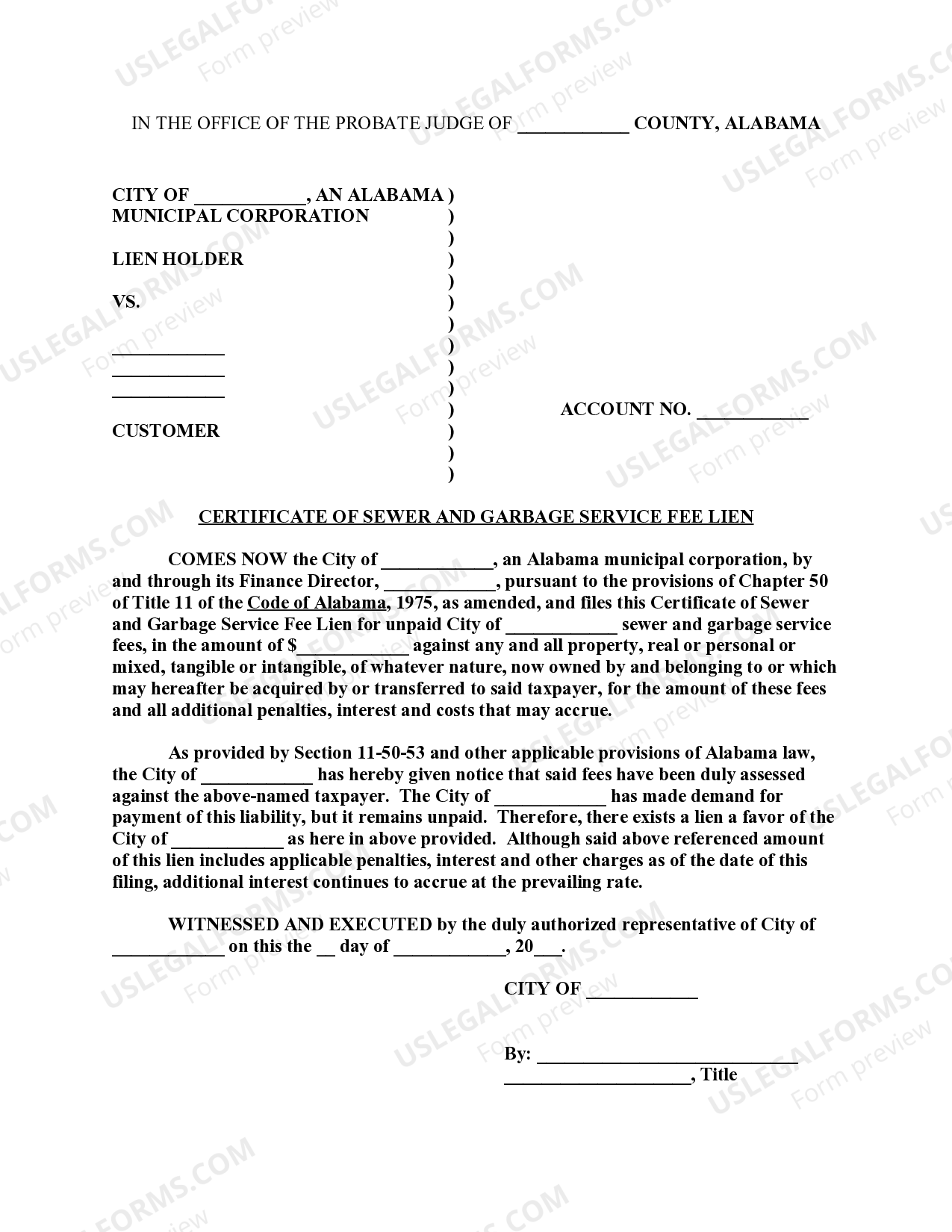 Alabama Certificate of Sewer and Garbage Service Fee Lien | US Legal Forms