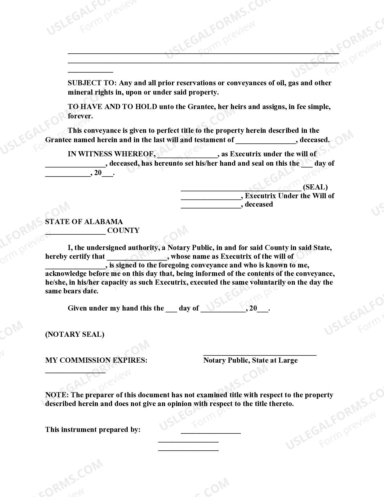 Alabama Executrix Deed for Muniment of Title - Muniment Of Title | US ...