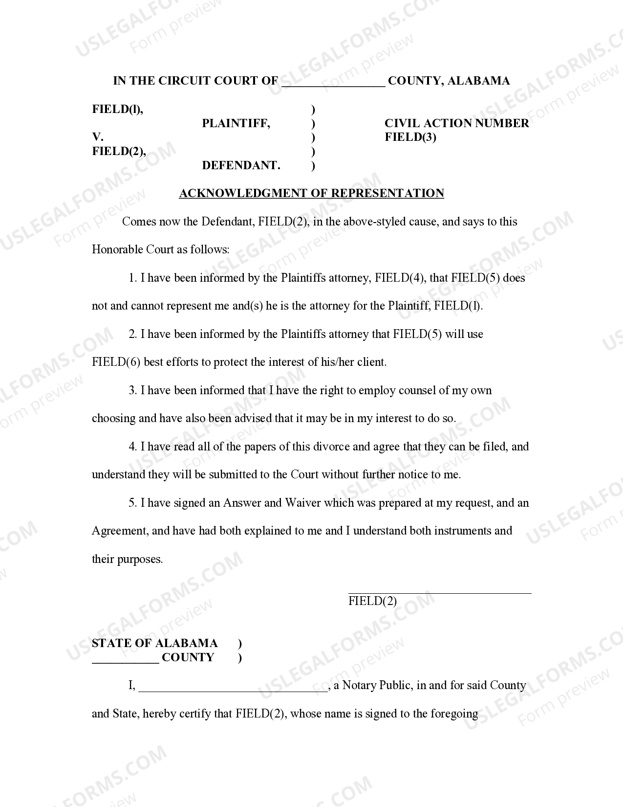 Alabama Acknowledgment of Representation | US Legal Forms