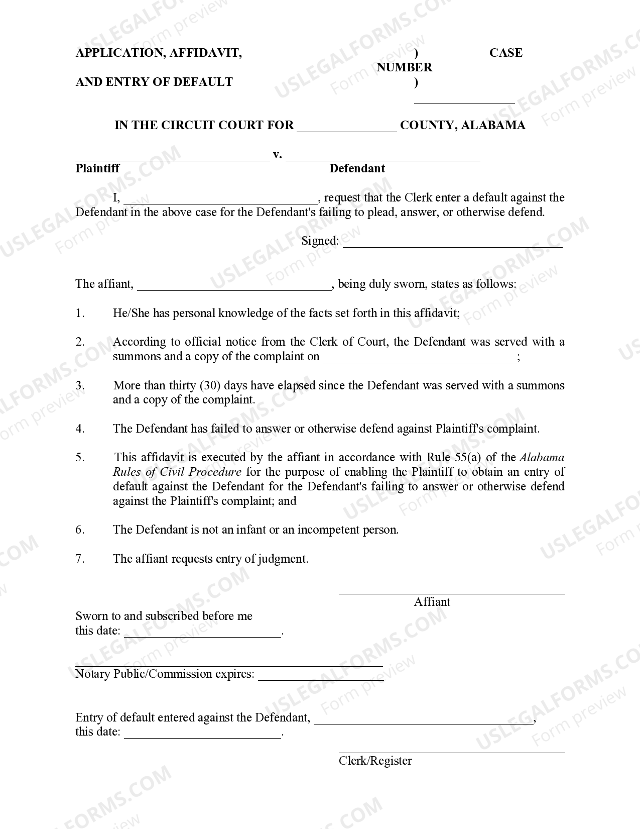 Alabama Application, Affidavit, and Entry of Default | US Legal Forms