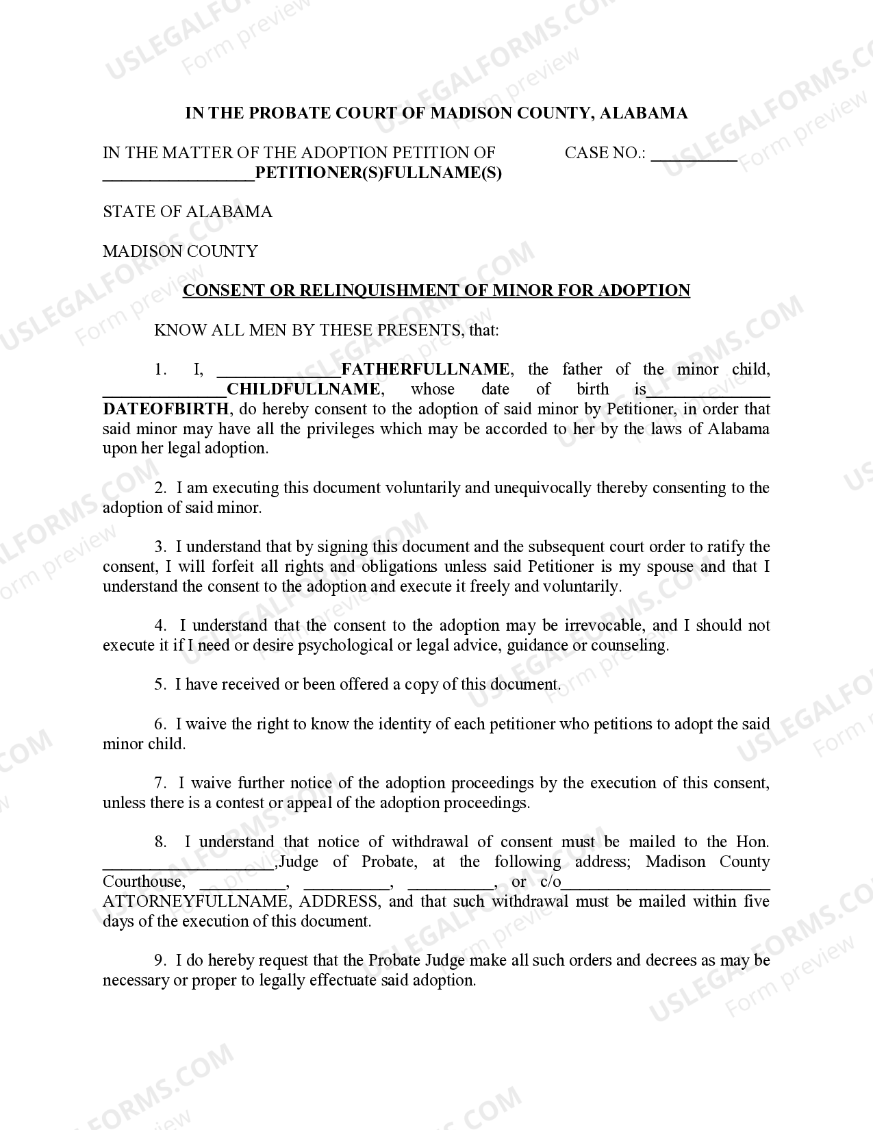Alabama Consent or Relinquishment of Minor for Adoption | US Legal Forms