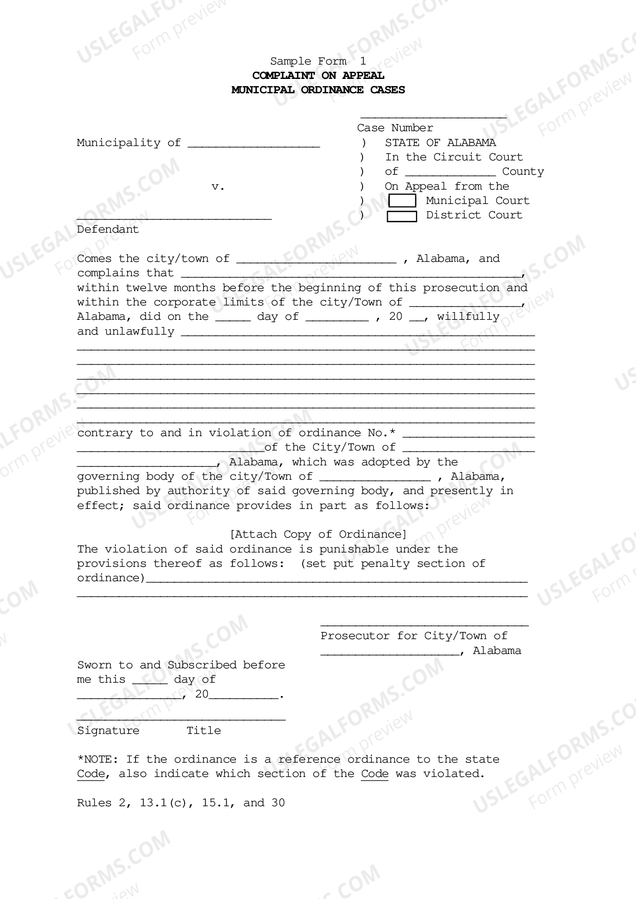 Alabama Complaint on Appeal ( Municipal Ordinance Cases ) | US Legal Forms