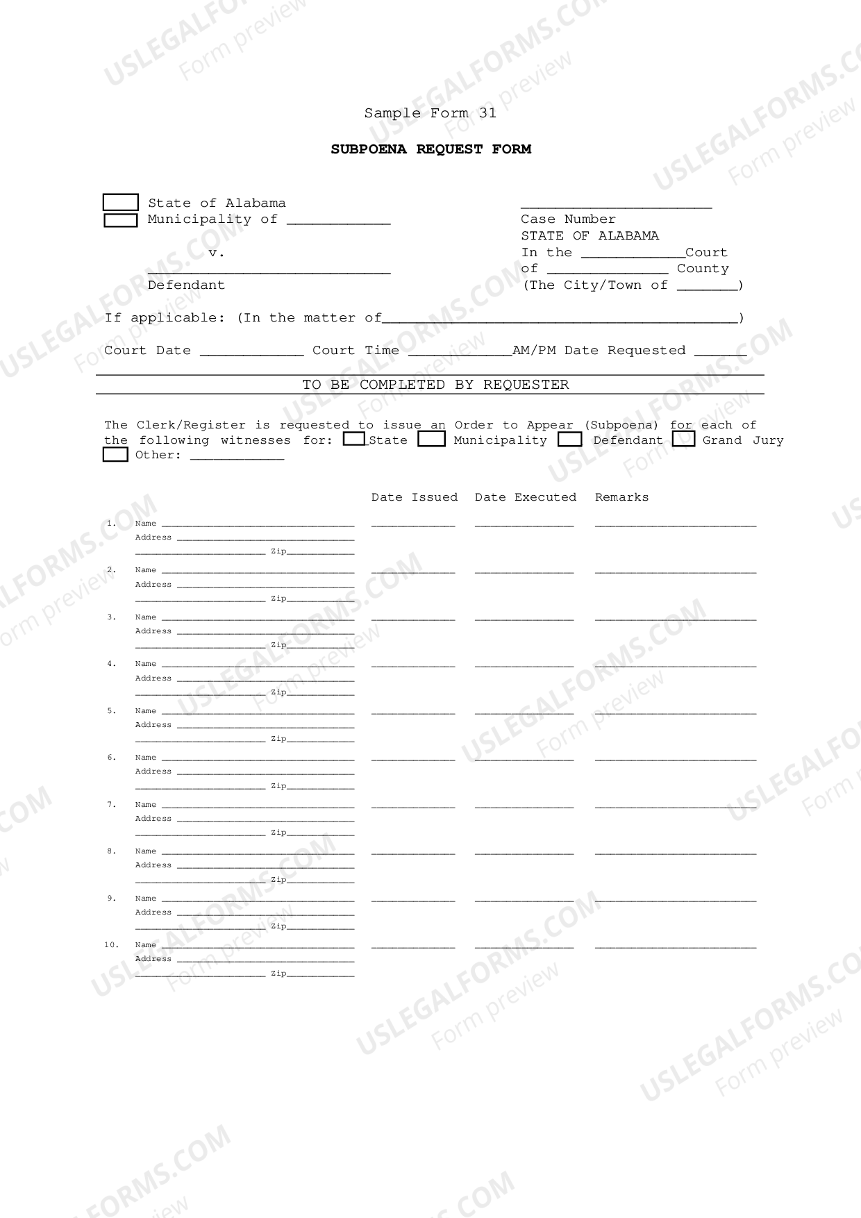Alabama Subpoena Request Form - Alabama Subpoena Request Form | US ...