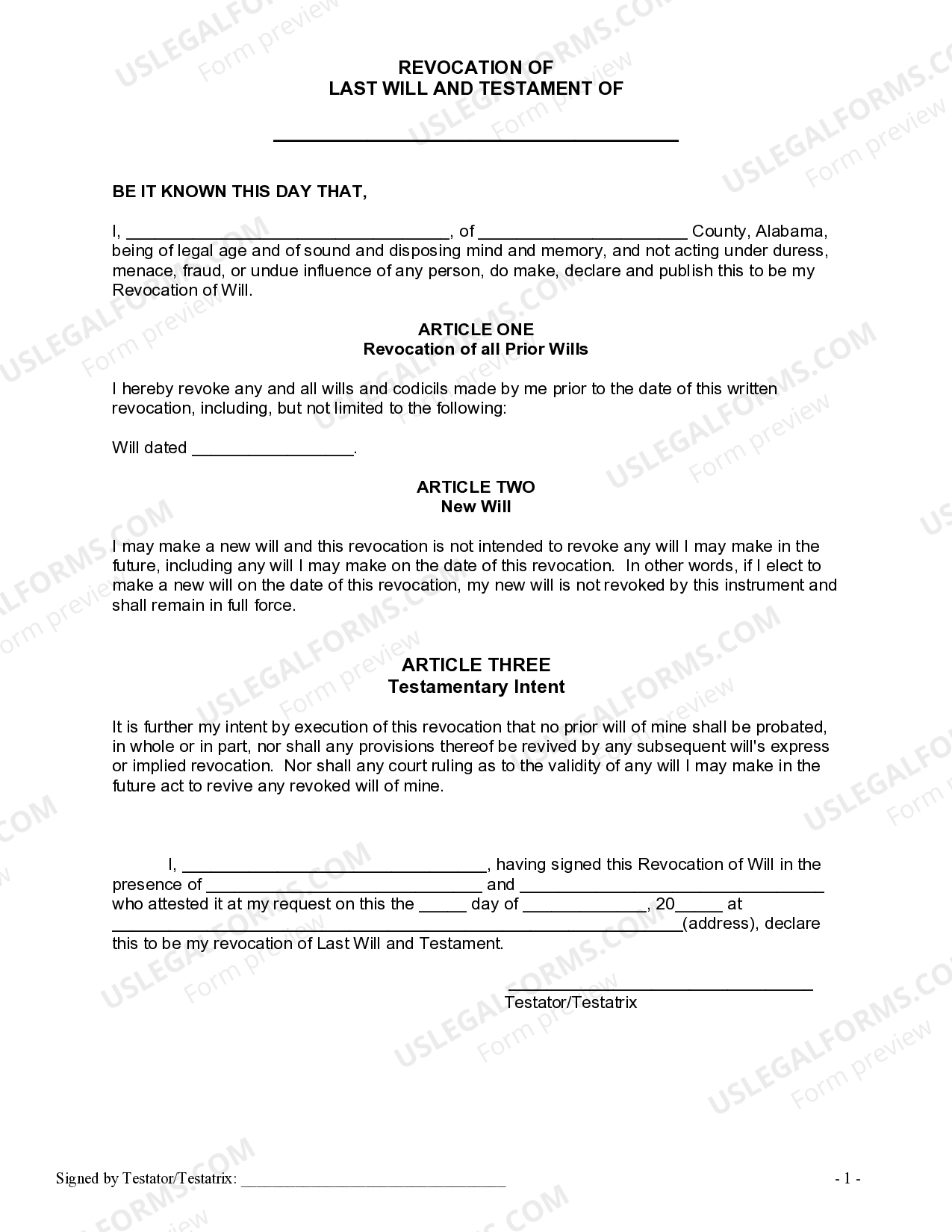 Alabama Written Revocation of Will | US Legal Forms