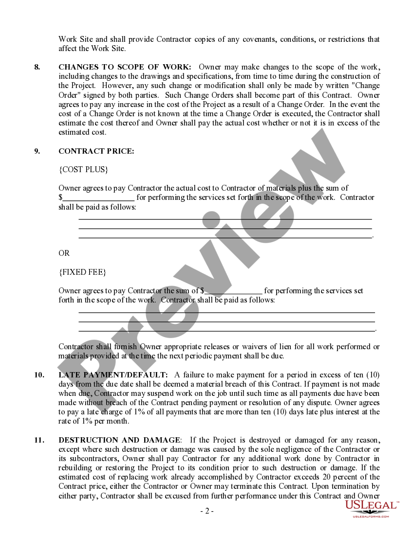 Cost Plus Construction Contract Template Form US Legal Forms