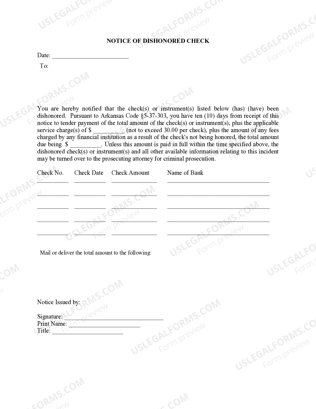 Arkansas Notice of Dishonored Check - Criminal - Keywords: bad check ...