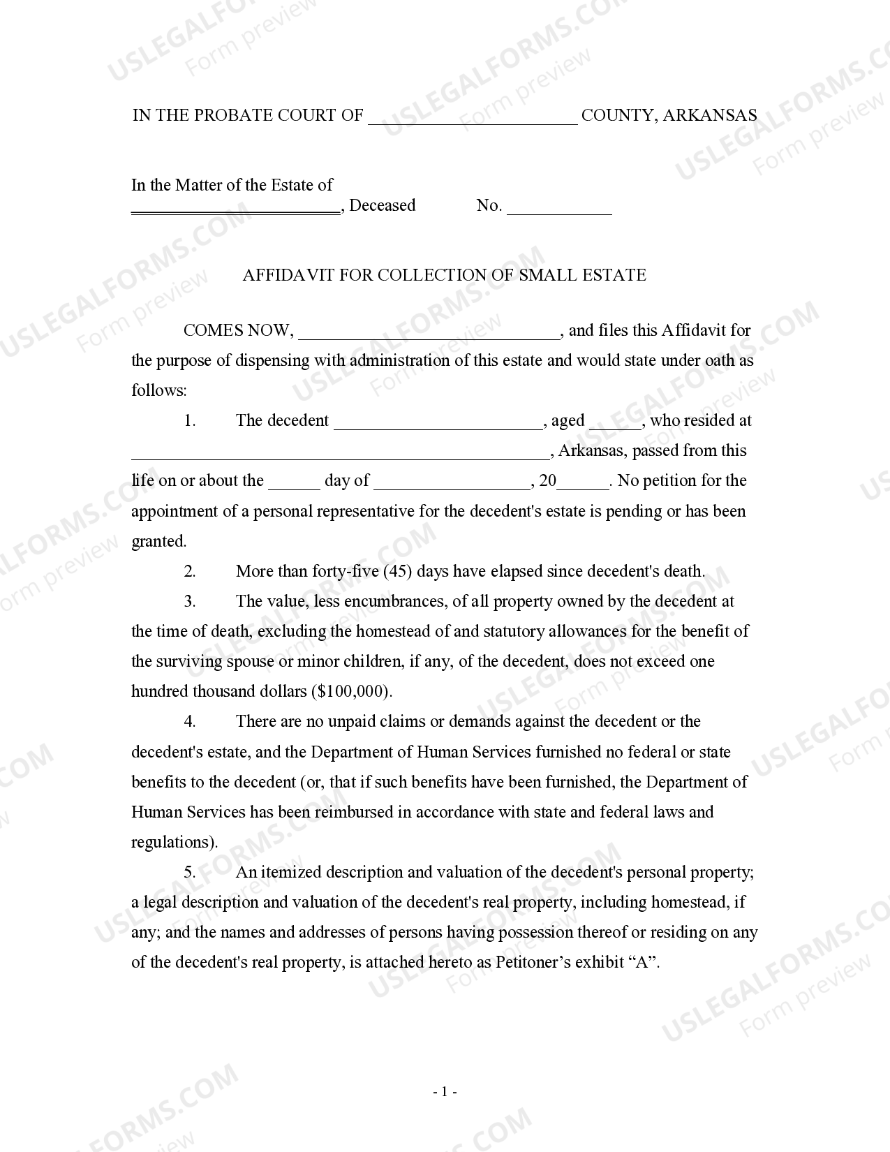 Affidavit Of Small Estate For Arkansas | US Legal Forms