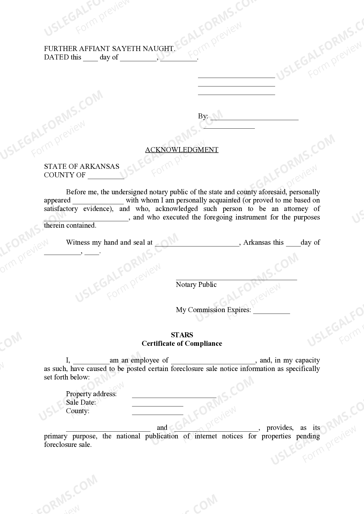 Arkansas Affidavit of Mailing and Compliance With Statutory Notice ...