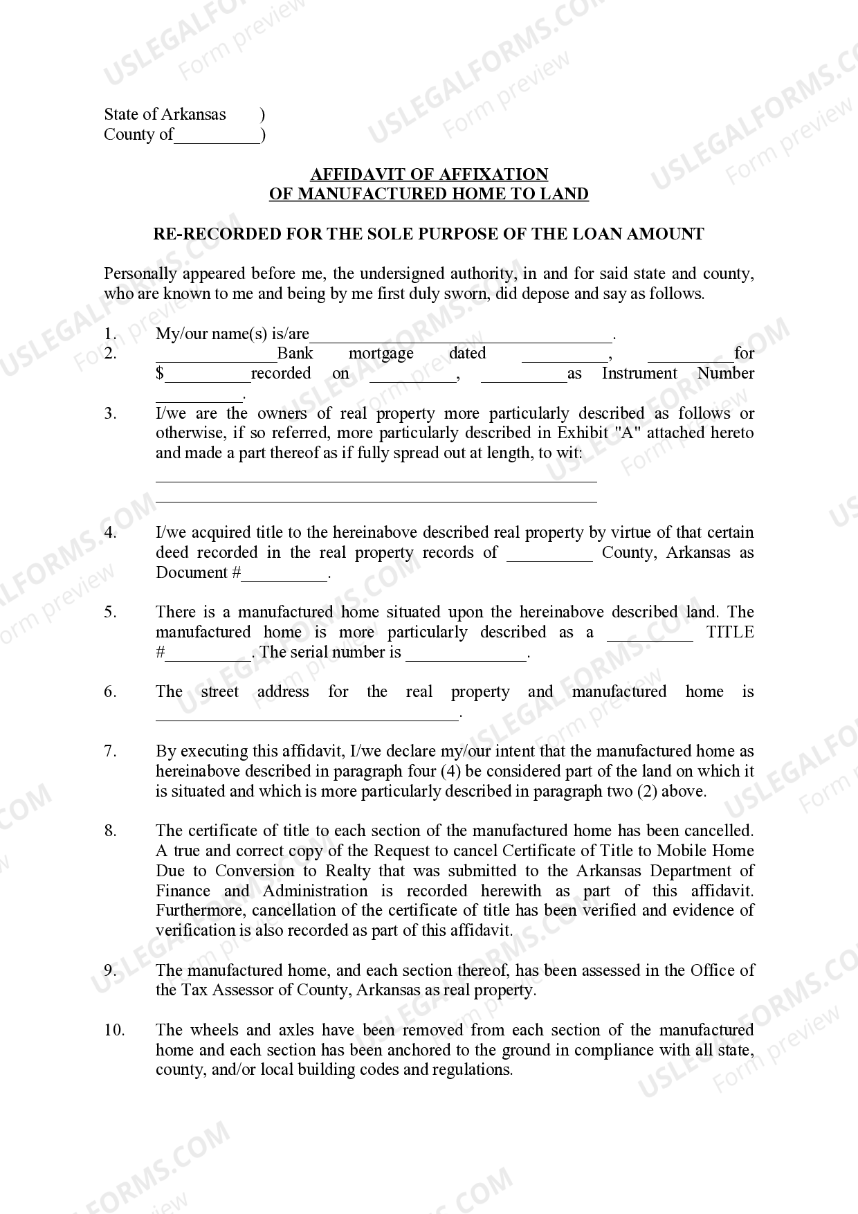 Arkansas Affidavit of Affixation of Manufactured Home to Land ...