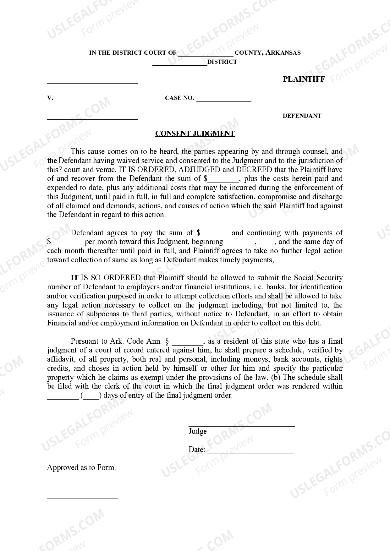 Arkansas Consent Judgment | US Legal Forms
