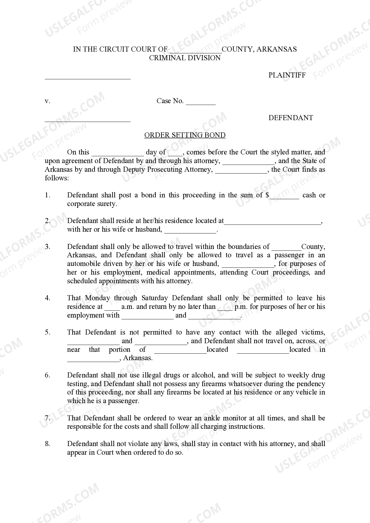 Arkansas Order Setting Bond - Order Setting Bond | US Legal Forms