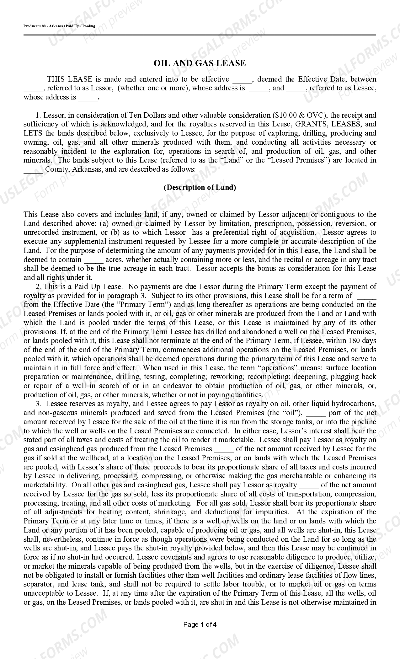 Arkansas Producers 88 Paid Up Lease Pooling Provision | US Legal Forms