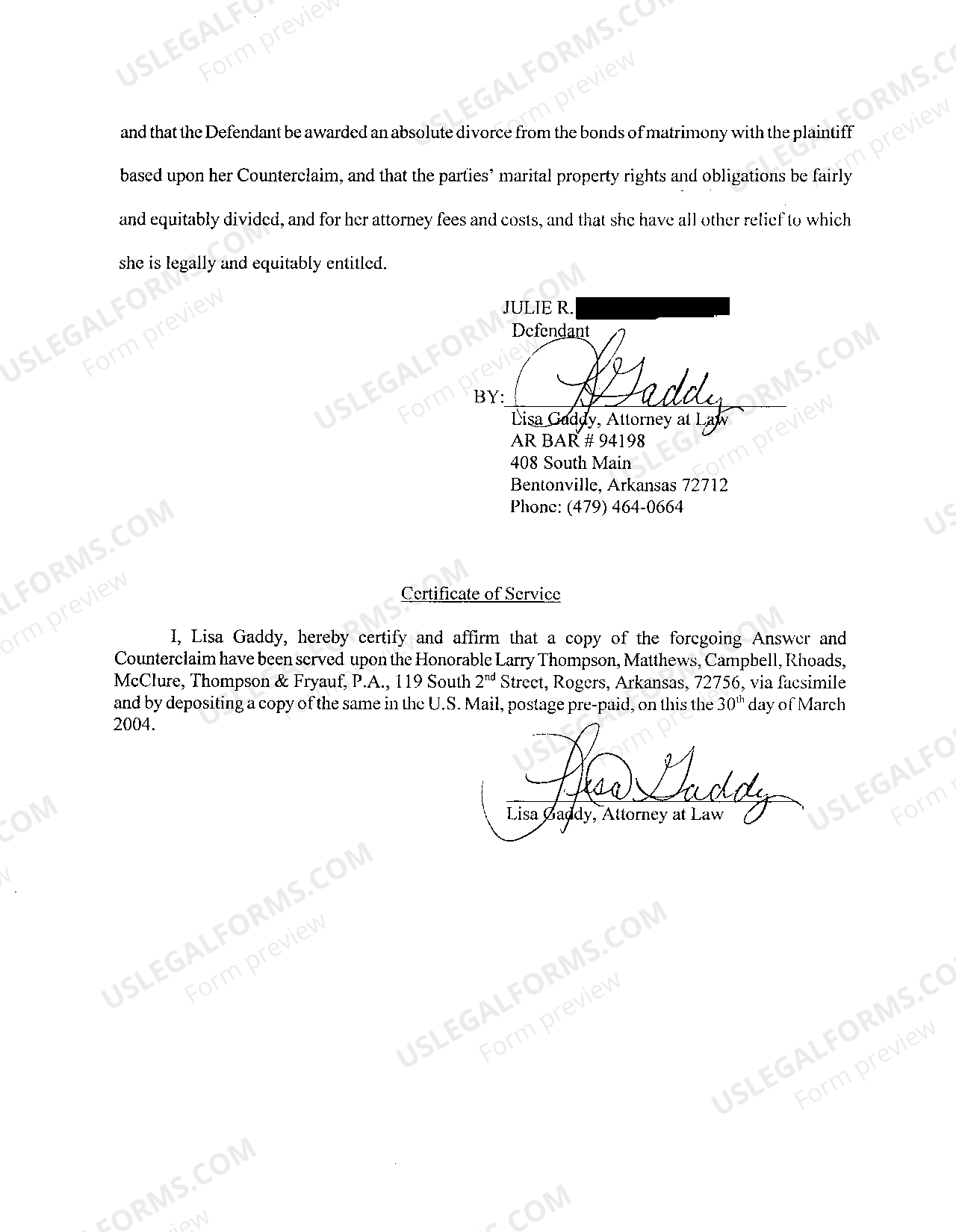 Arkansas Answer and Counterclaim on Divorce with No Children | US Legal ...