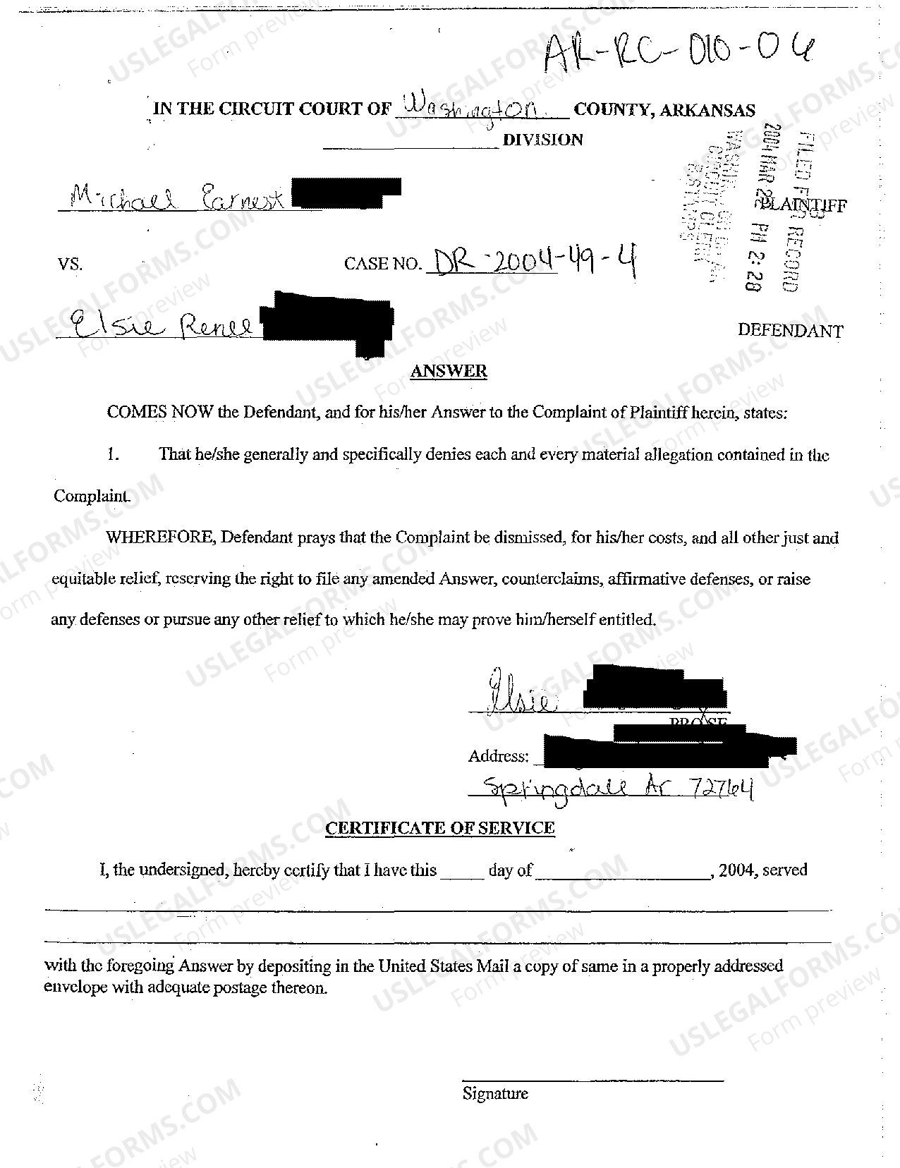 Arkansas Answer to Complaint for Child Support | US Legal Forms