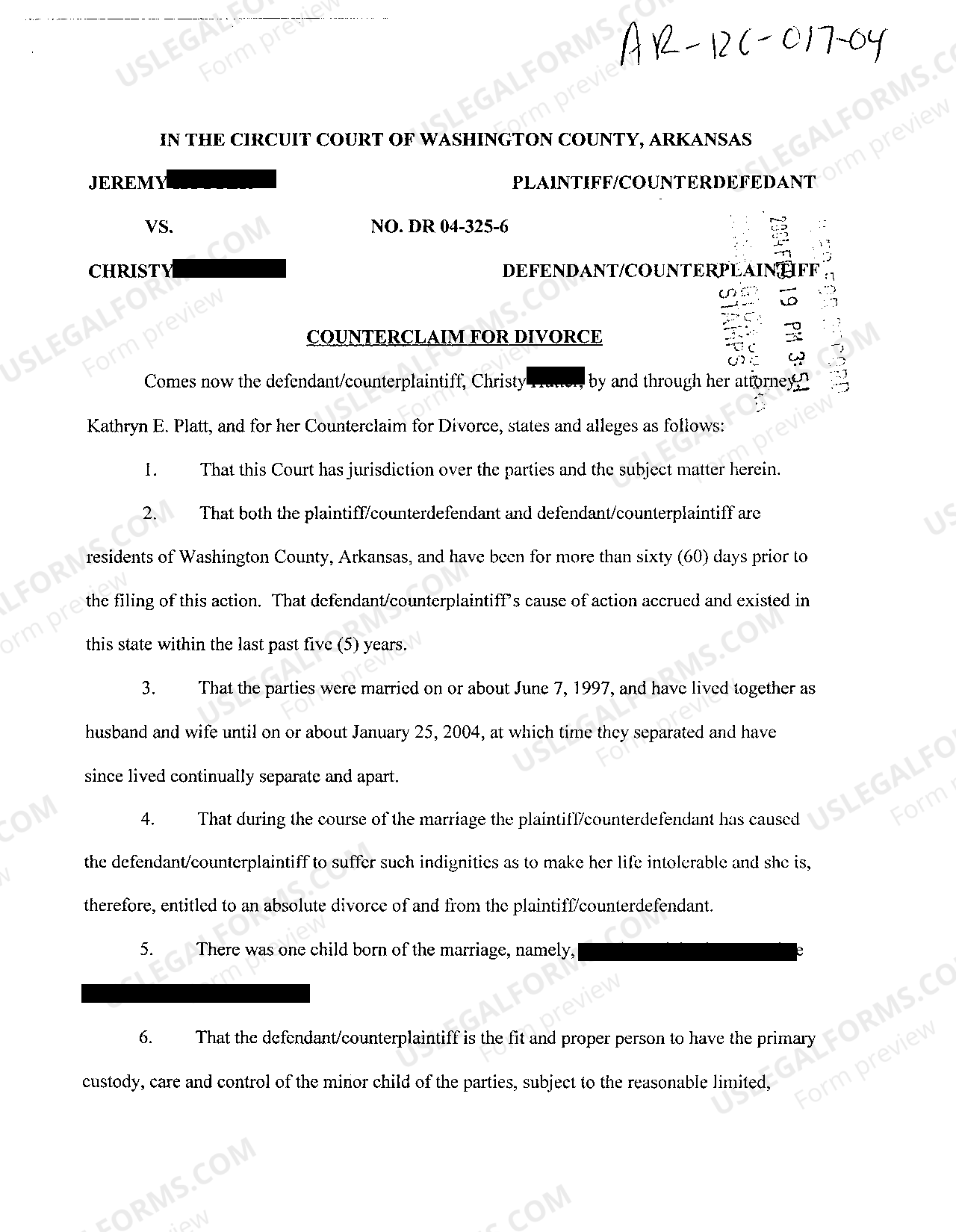 Arkansas Counterclaim For Divorce with Children | US Legal Forms