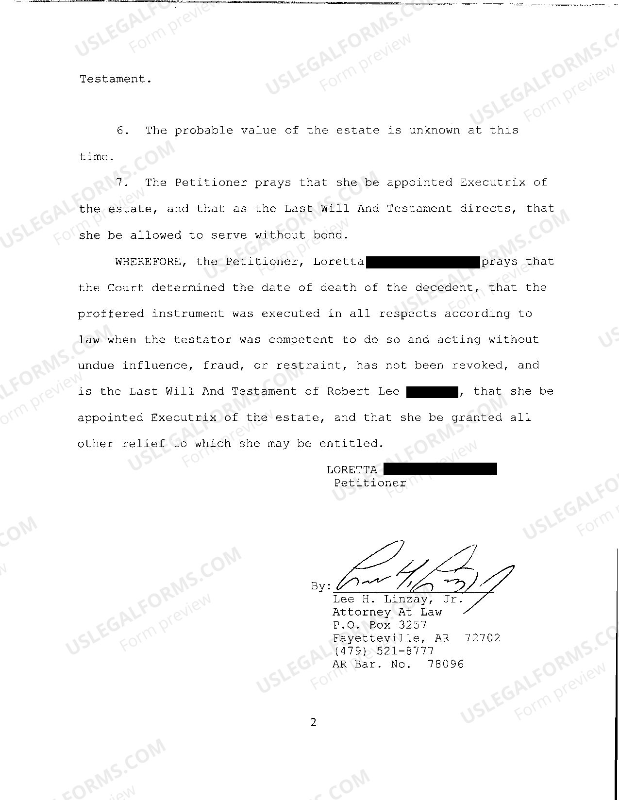 Arkansas Petition For Probate of Will and Appointment of Personal ...