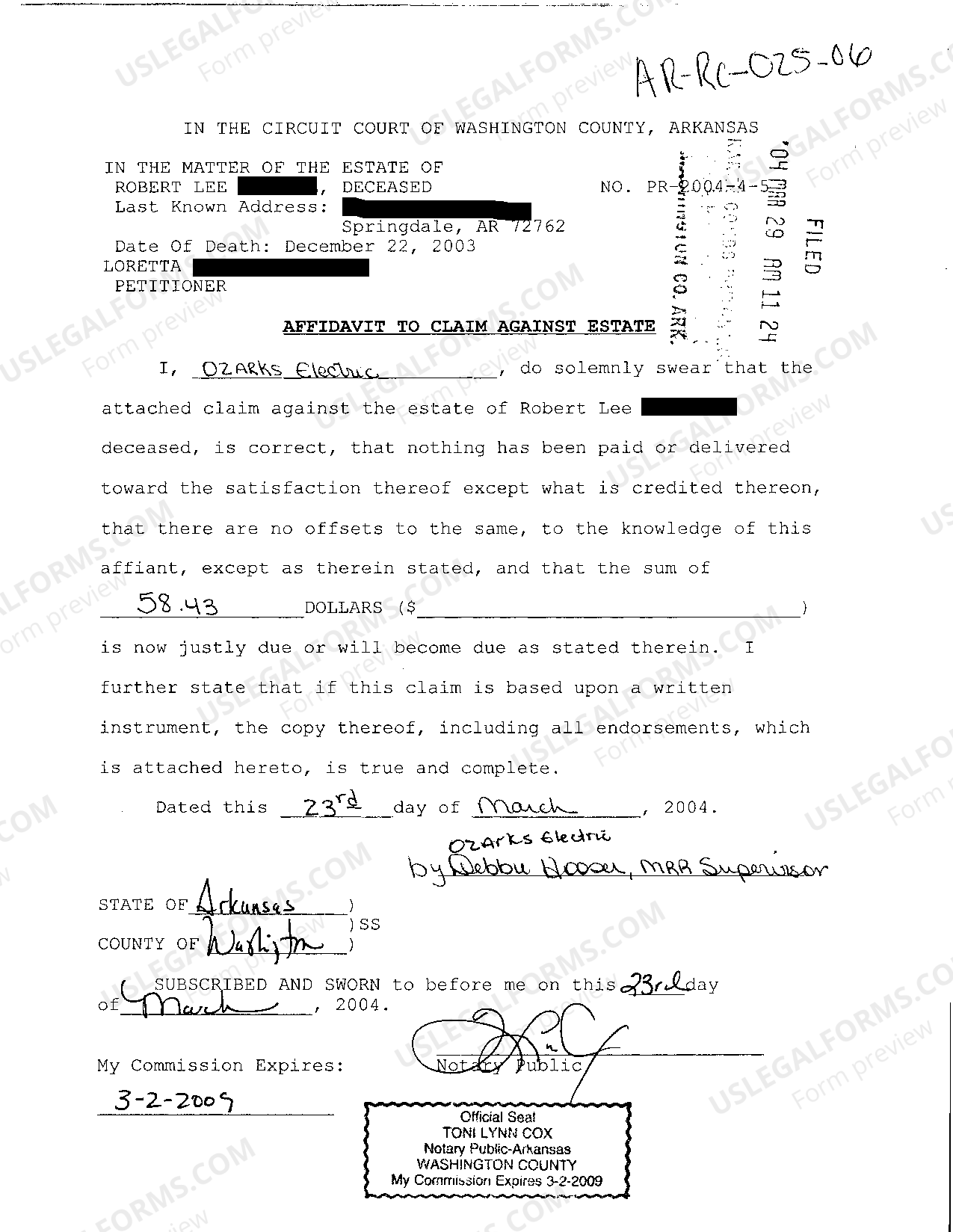 Arkansas Affidavit To Claim Against Estate - Affidavit Of Claim Against ...