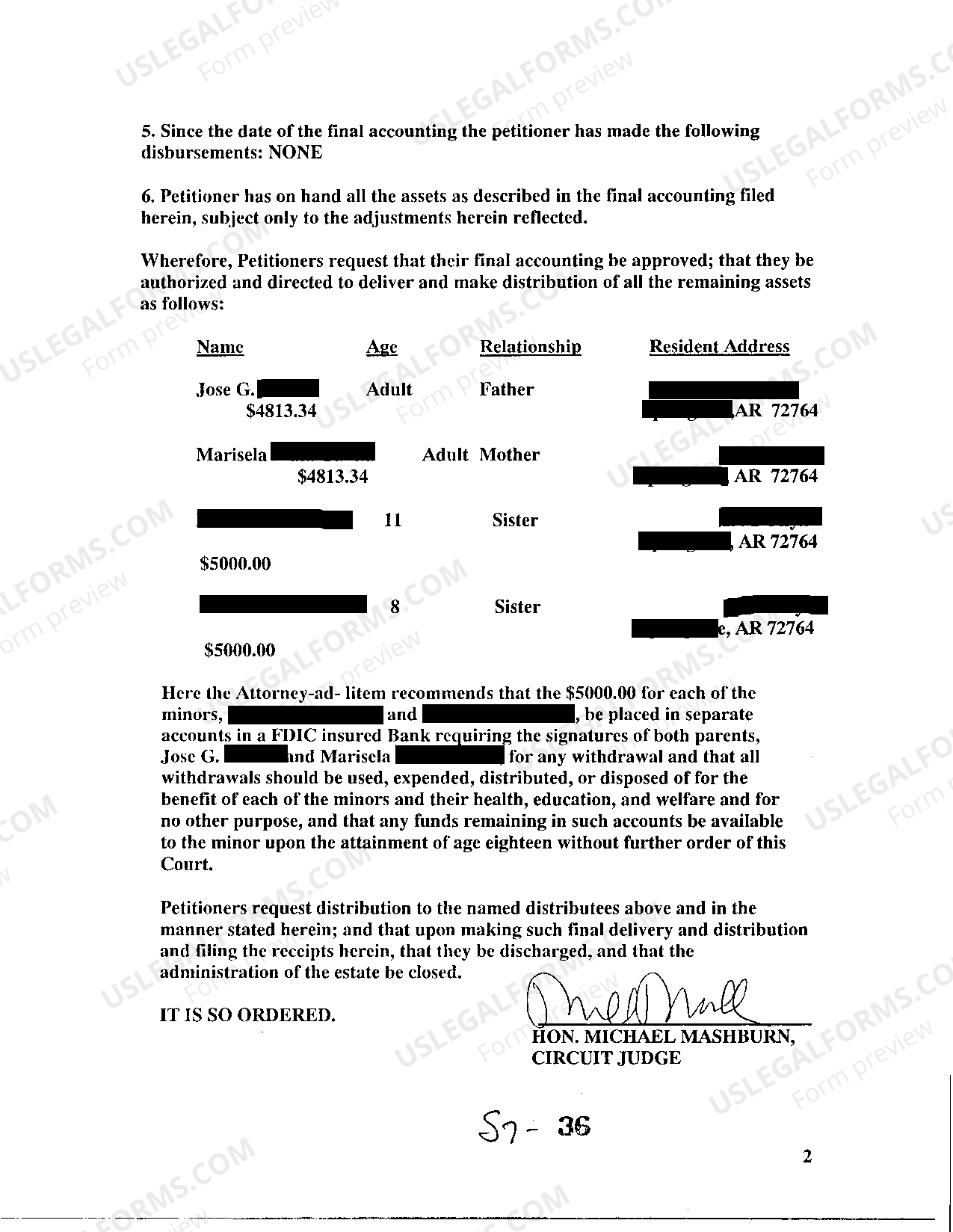 Arkansas Order of Approval of Final Accounting, Final Distribution and ...