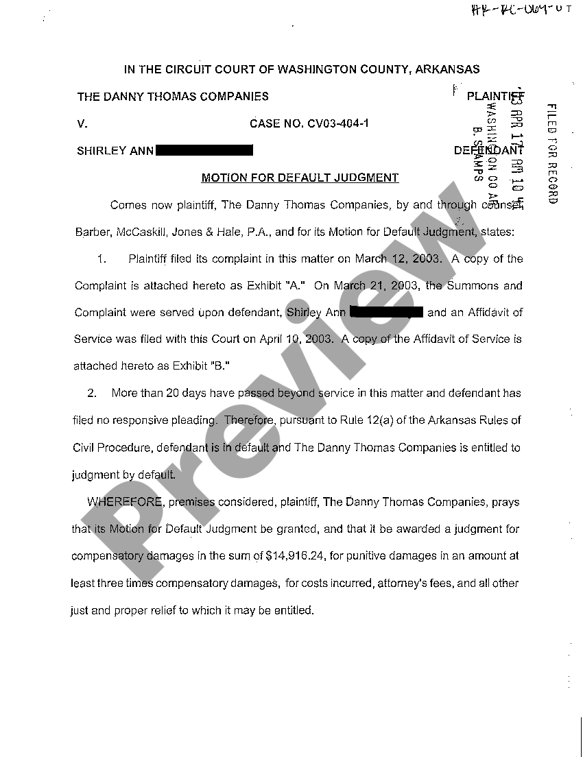 Little Rock Arkansas Motion For Default Judgment US Legal Forms little-rock-arkansas-motion-for-default-judgment-us-legal-forms