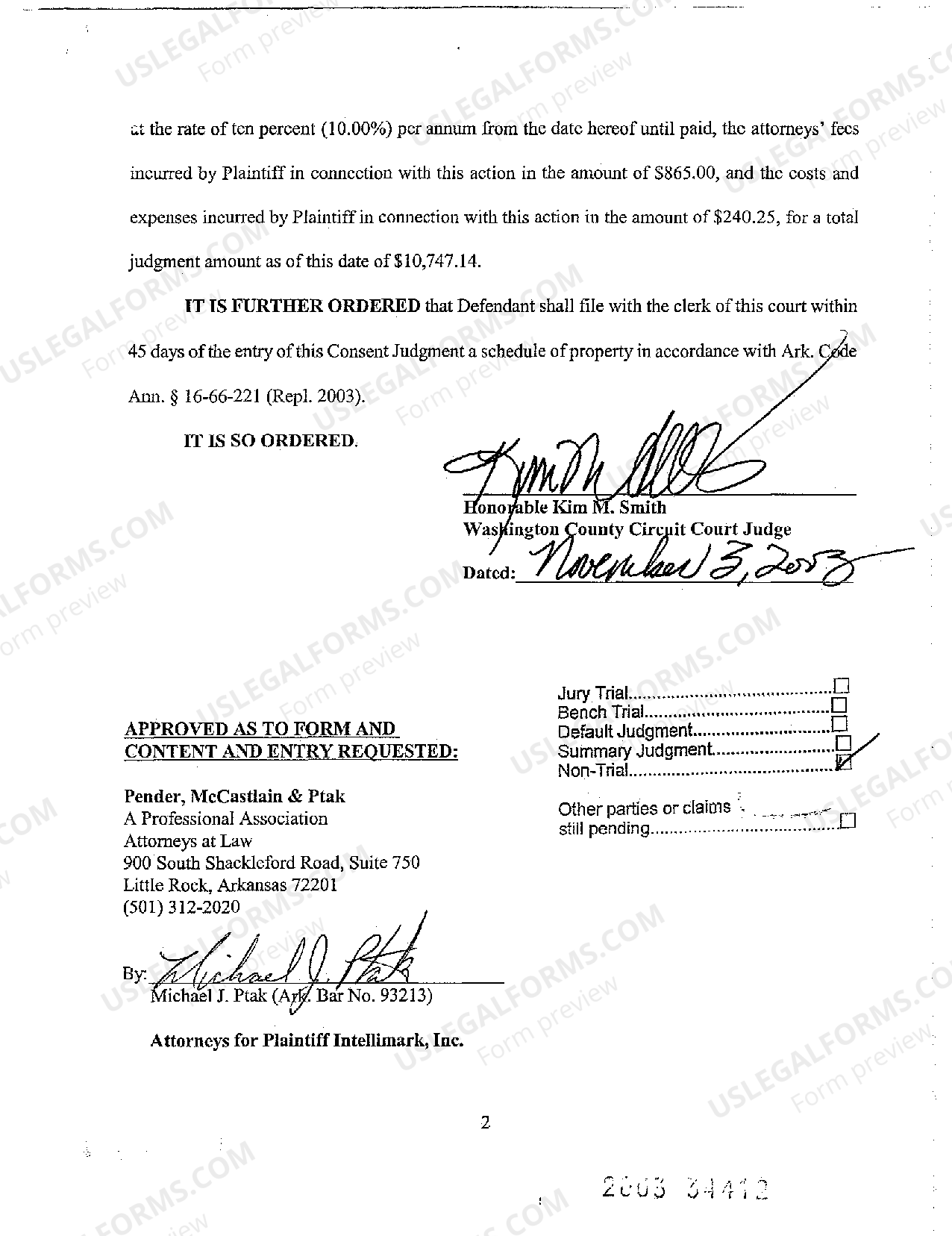 Arkansas Consent Judgment on Complaint for Collection of Debt | US ...