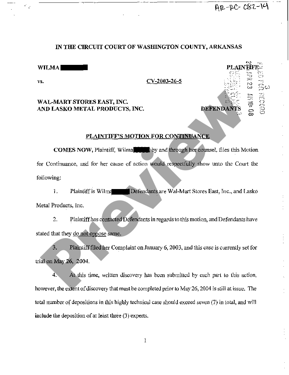 Little Rock Arkansas Plaintiff's Motion for Continuance - Motion For ... Little Rock Arkansas Plaintiff's Motion for Continuance - Motion For ...