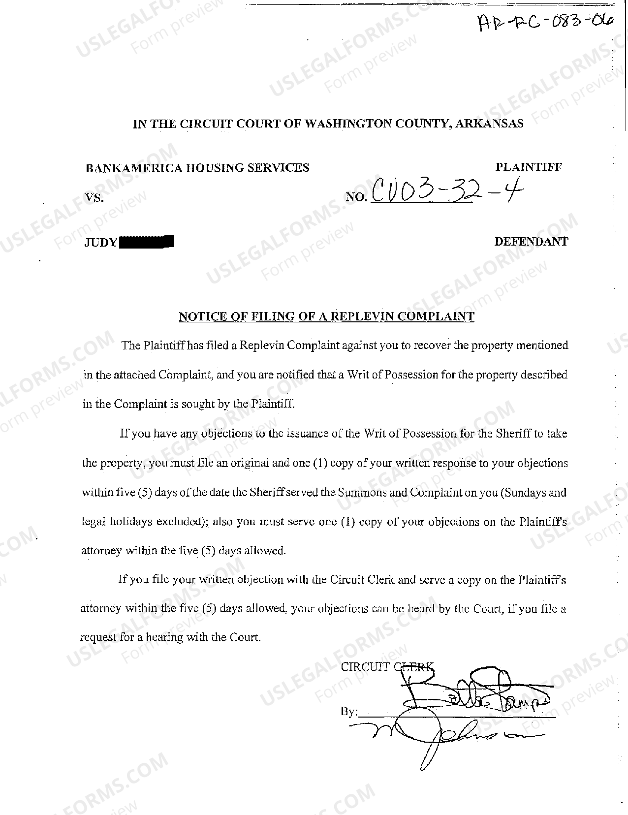 Arkansas Notice of Filing of a Replevin Complaint | US Legal Forms