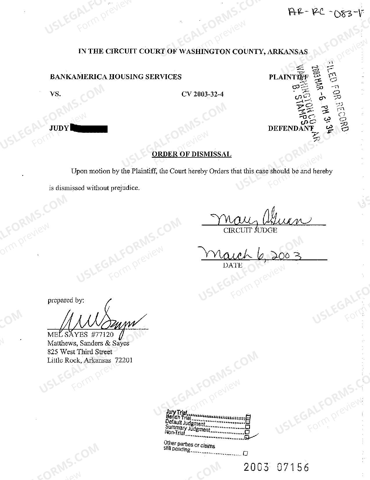 Arkansas Order of Dismissal as to Complaint for Replevin | US Legal Forms