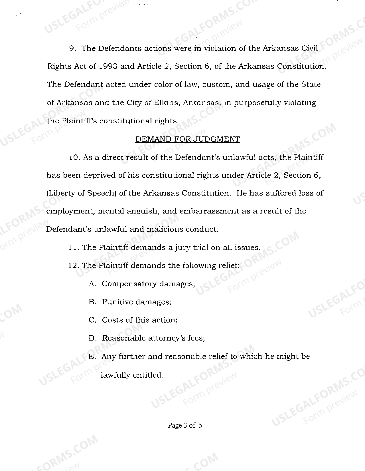 Complaint for Violation of Arkansas Civil Rights Act of 1993 | US Legal ...