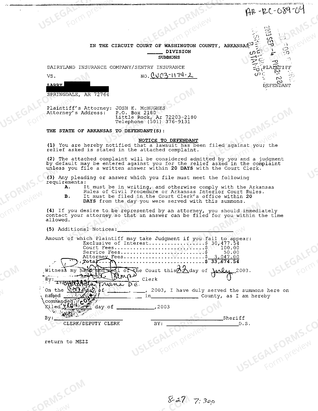 Arkansas Executed Summons | US Legal Forms