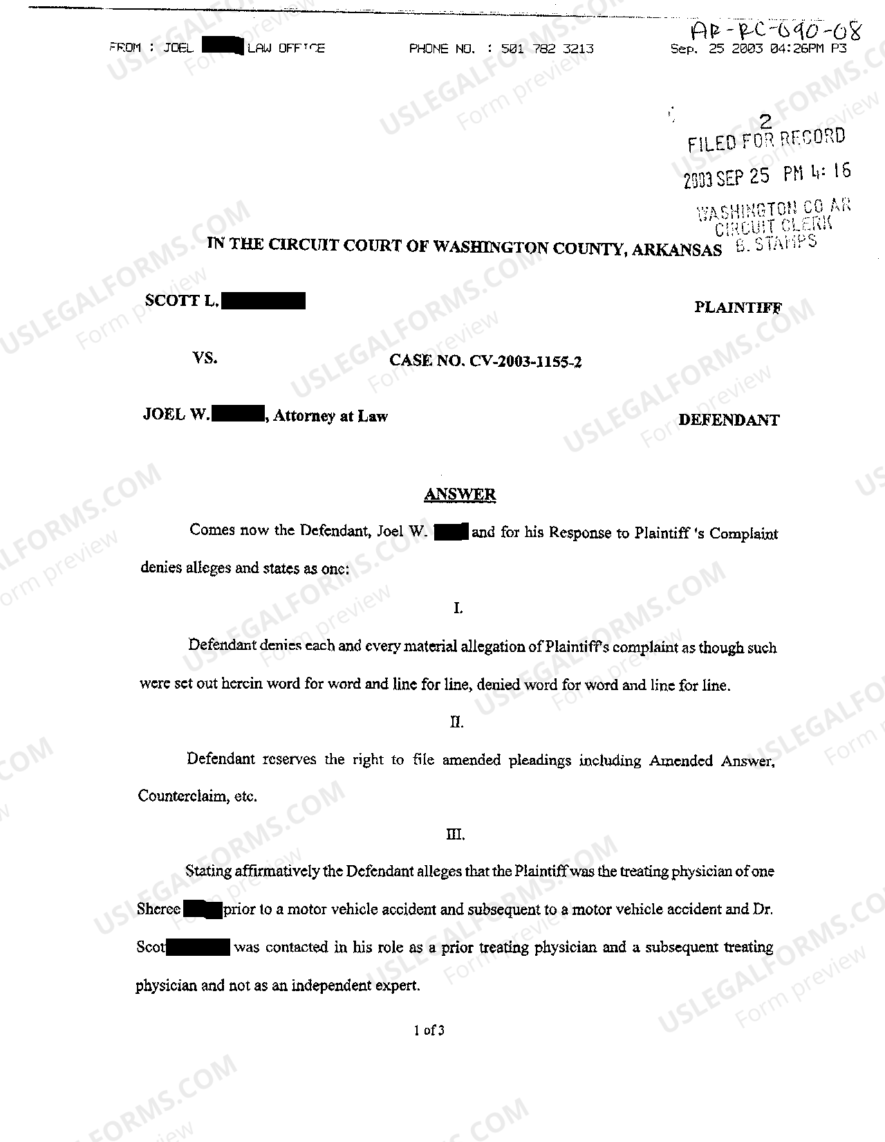 Arkansas Answer to Complaint for Breach of Contract | US Legal Forms