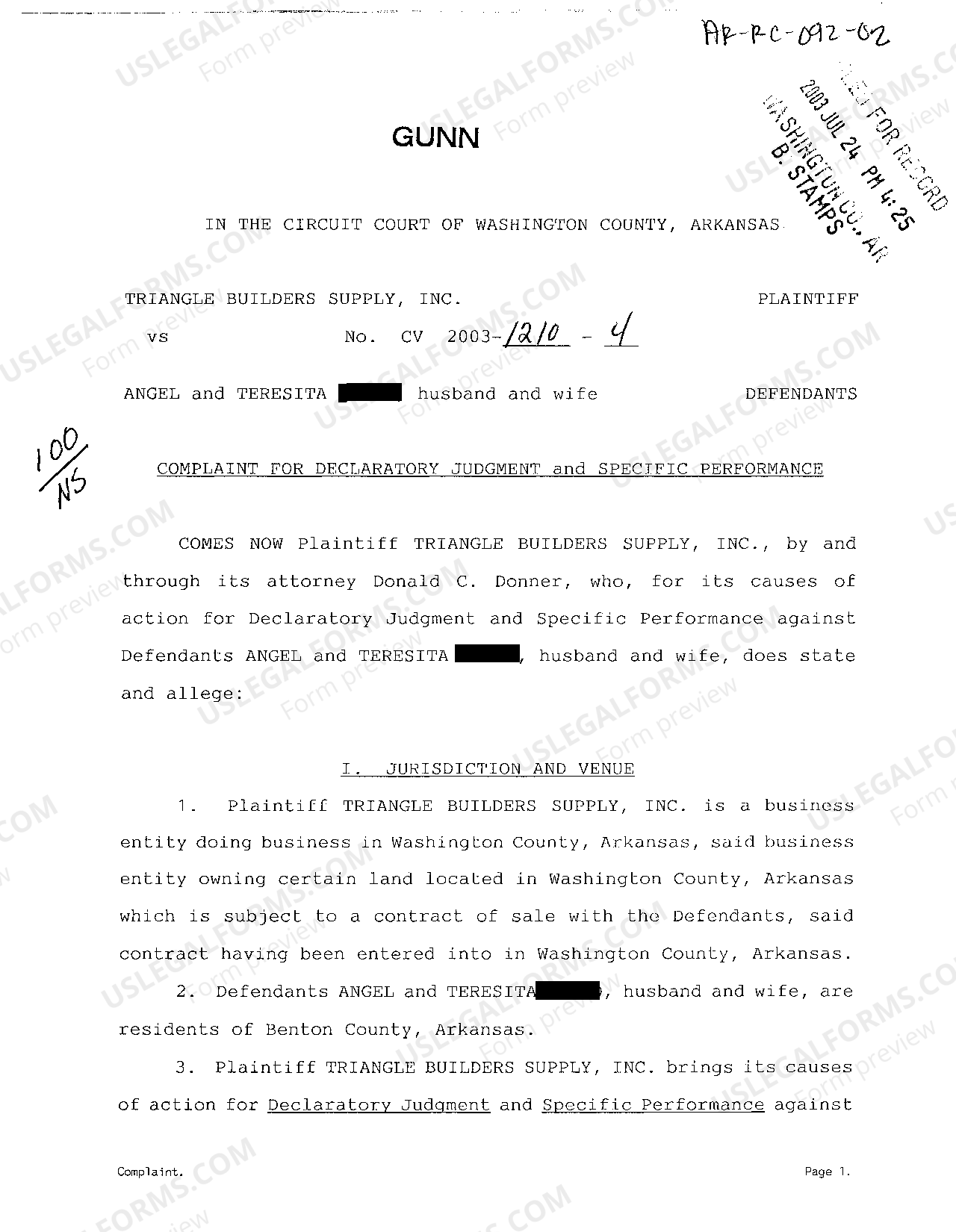 Arkansas Complaint for Declaratory Judgment and Specific Performance ...