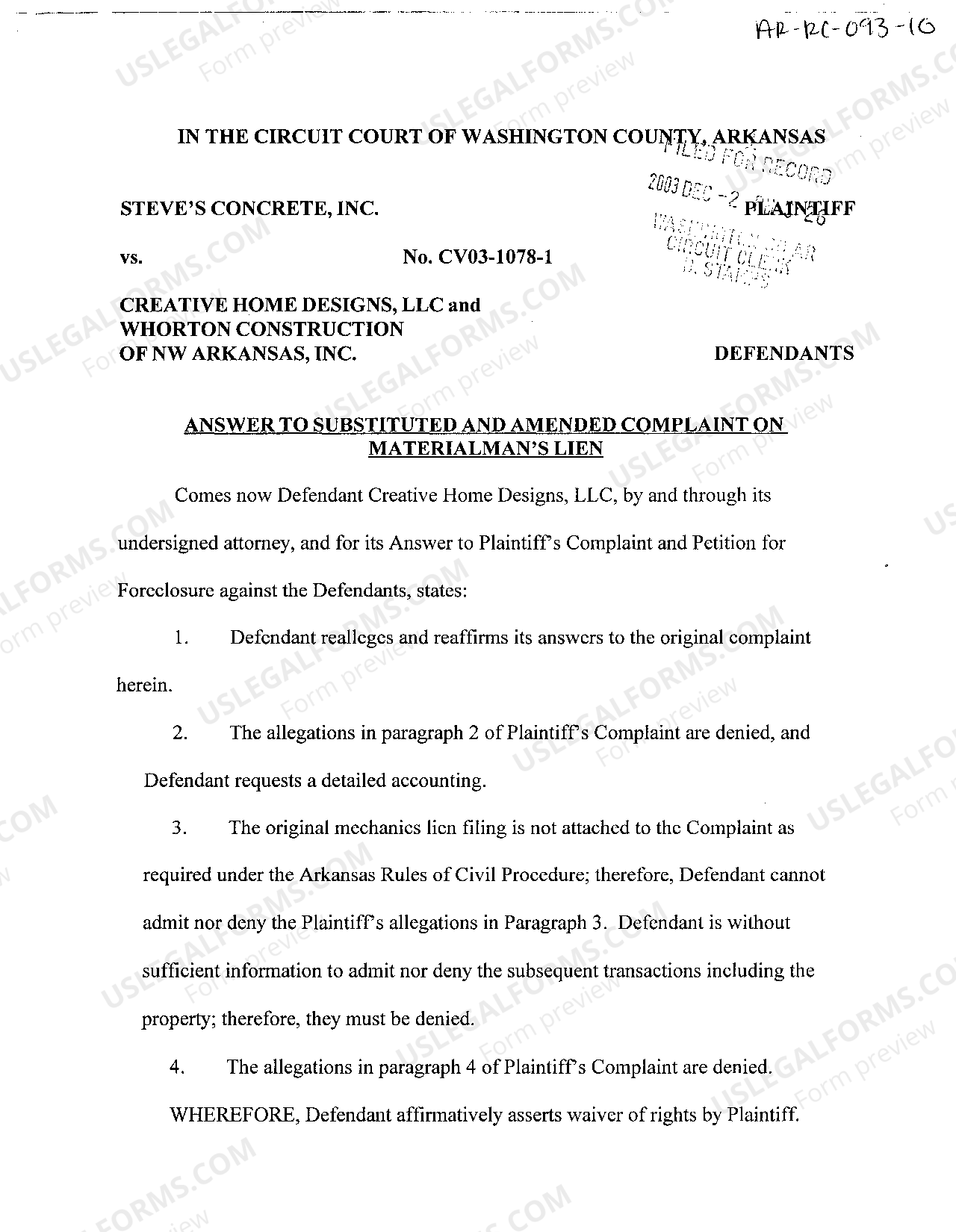 Arkansas Answer to Plaintiff's Substituted and Amended Complaint on Materialman's Lien | US ...