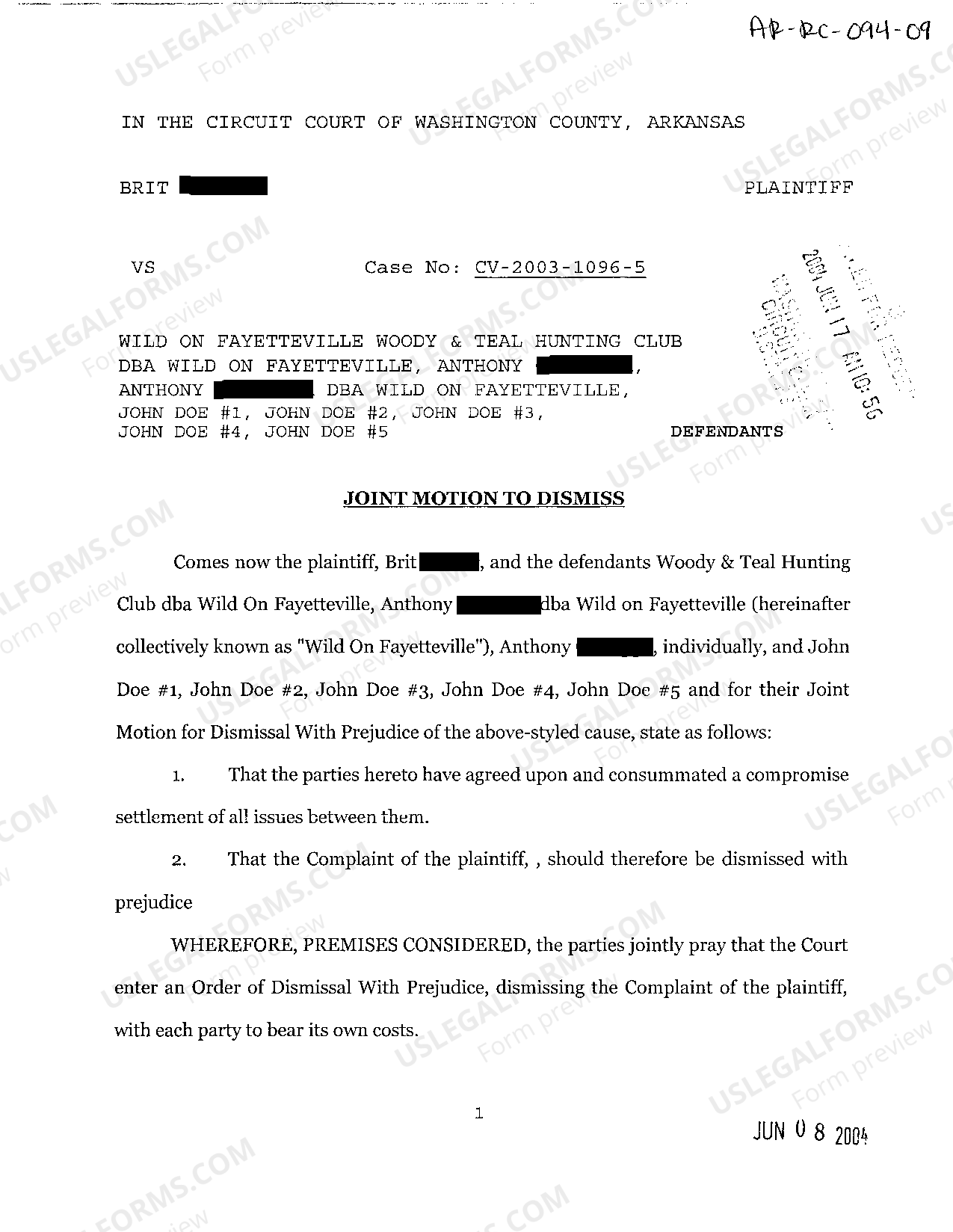 Little Rock Arkansas Joint Motion to Dismiss | US Legal Forms