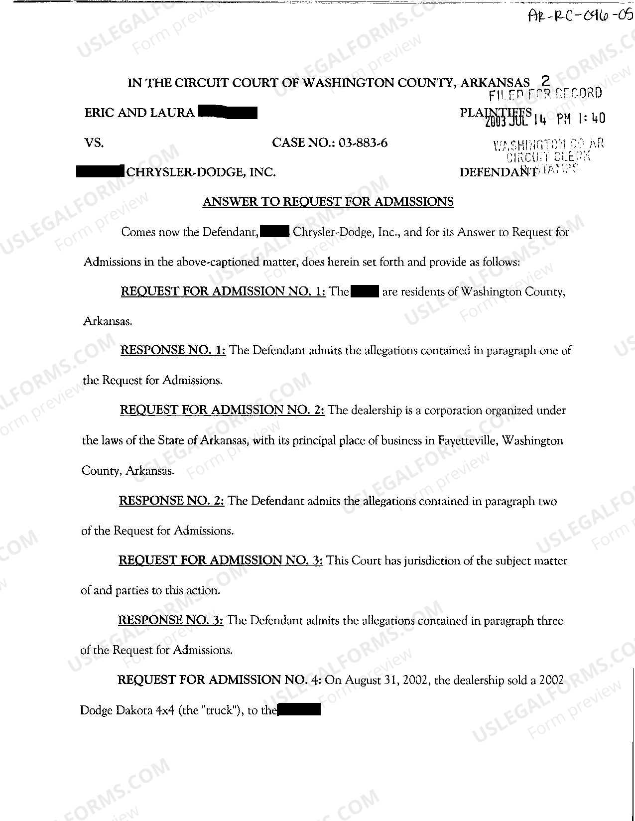 Little Rock Arkansas Answer to Request for Admissions | US Legal Forms