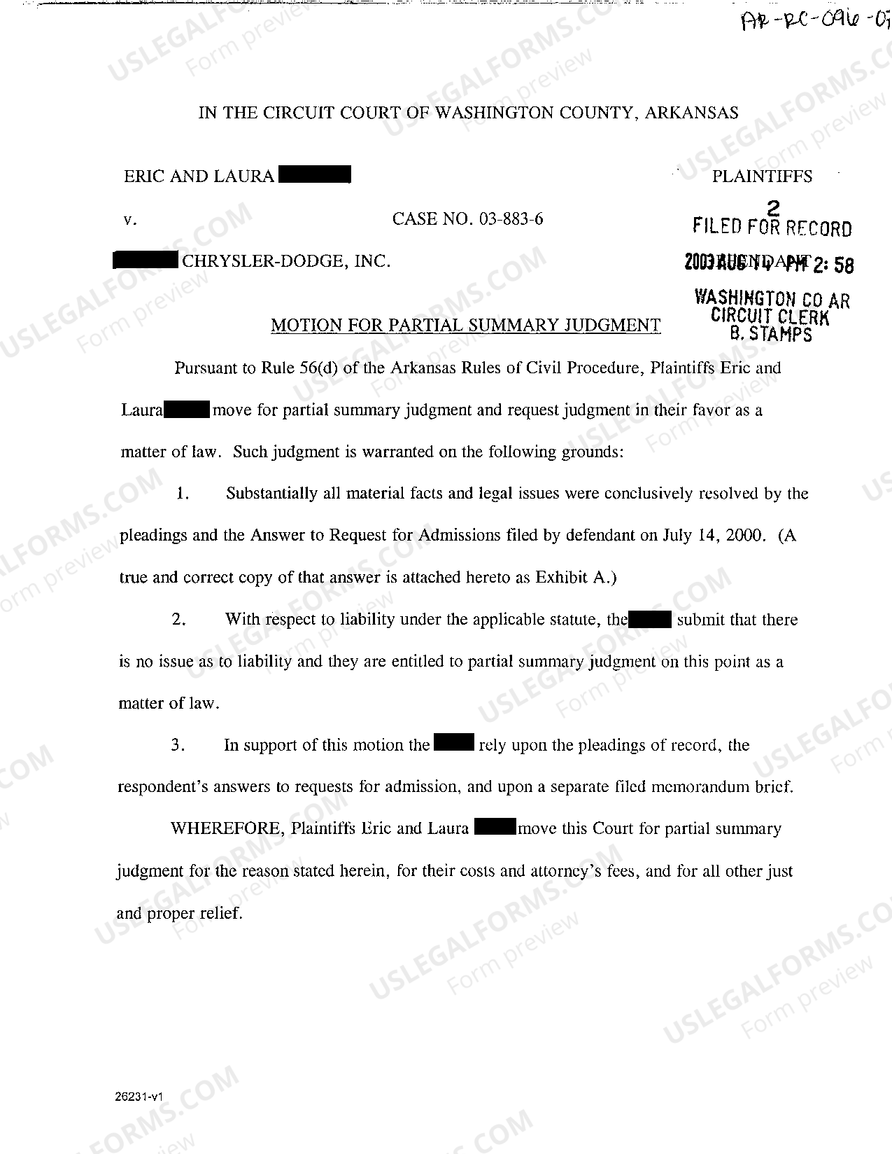 Arkansas Motion for Partial Summary Judgment | US Legal Forms