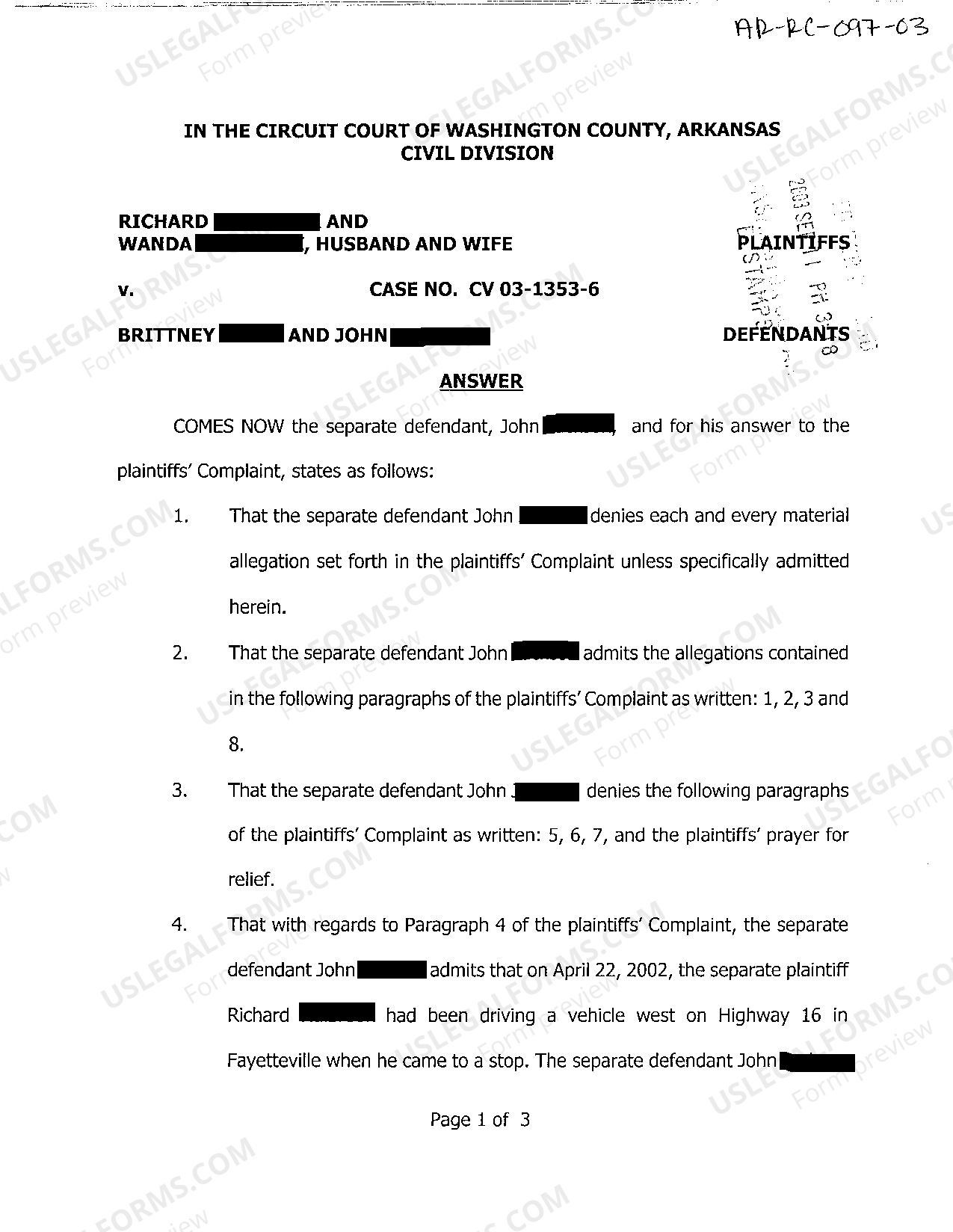 Arkansas Answer to Complaint for Motor Vehicle Negligence | US Legal Forms