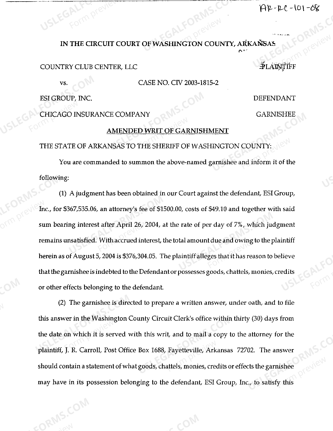 Arkansas Amended Writ of Garnishment | US Legal Forms