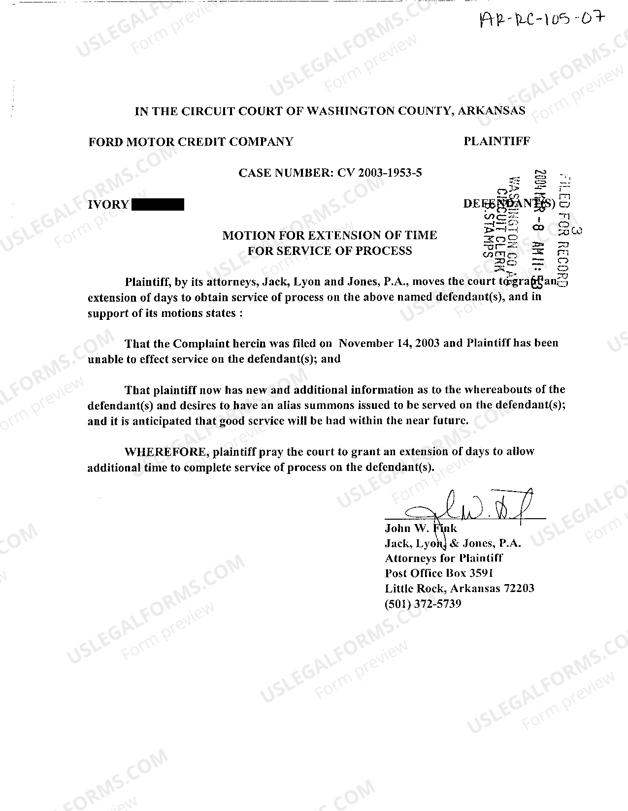 Arkansas Motion for Extension of Time for Service of Process | US Legal ...