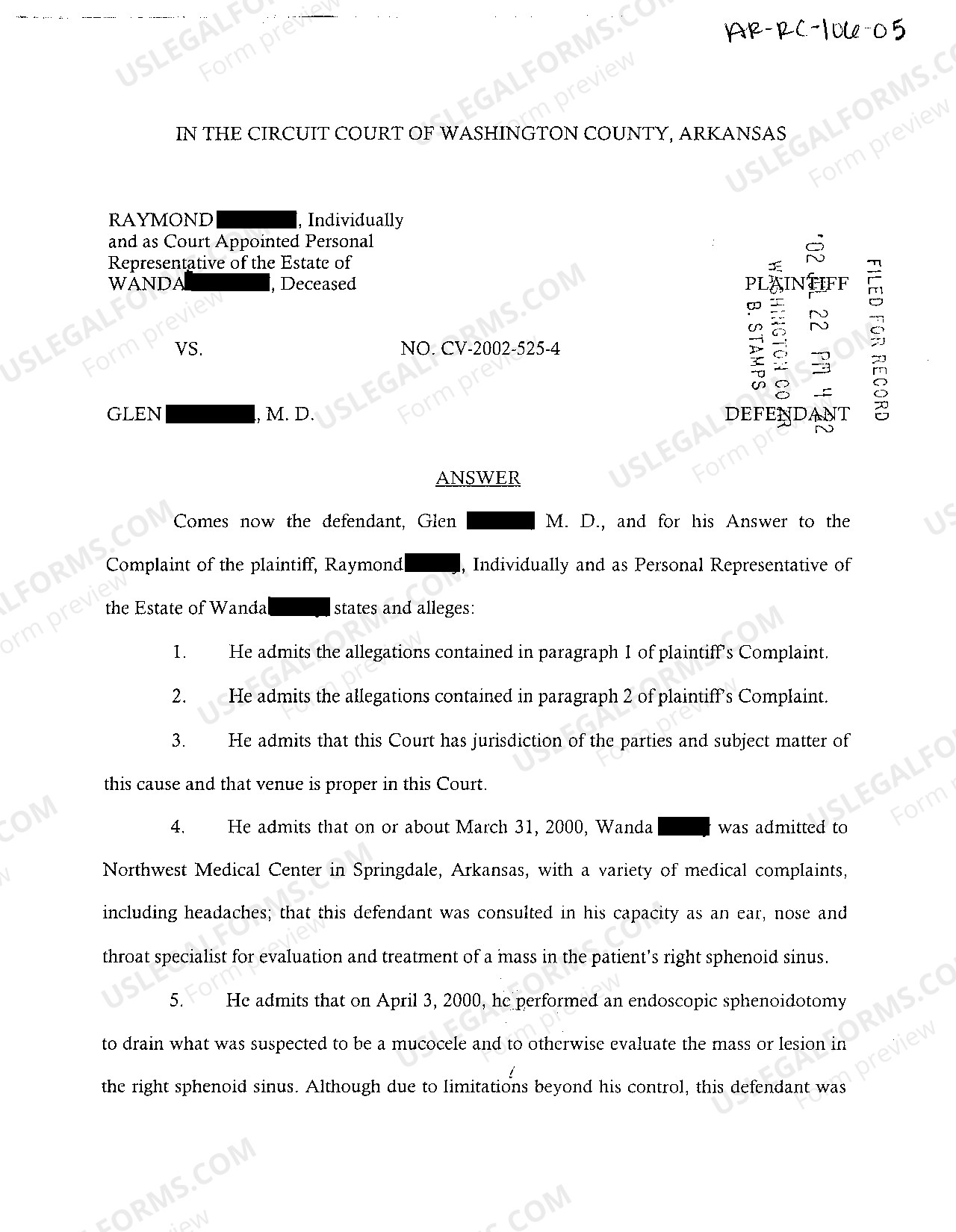 Arkansas Answer to Complaint for Medical Negligence and Wrongful Death ...