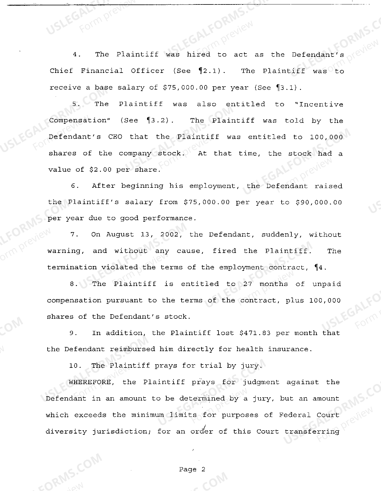 Breach Of Employment Contract Complaint Form | US Legal Forms