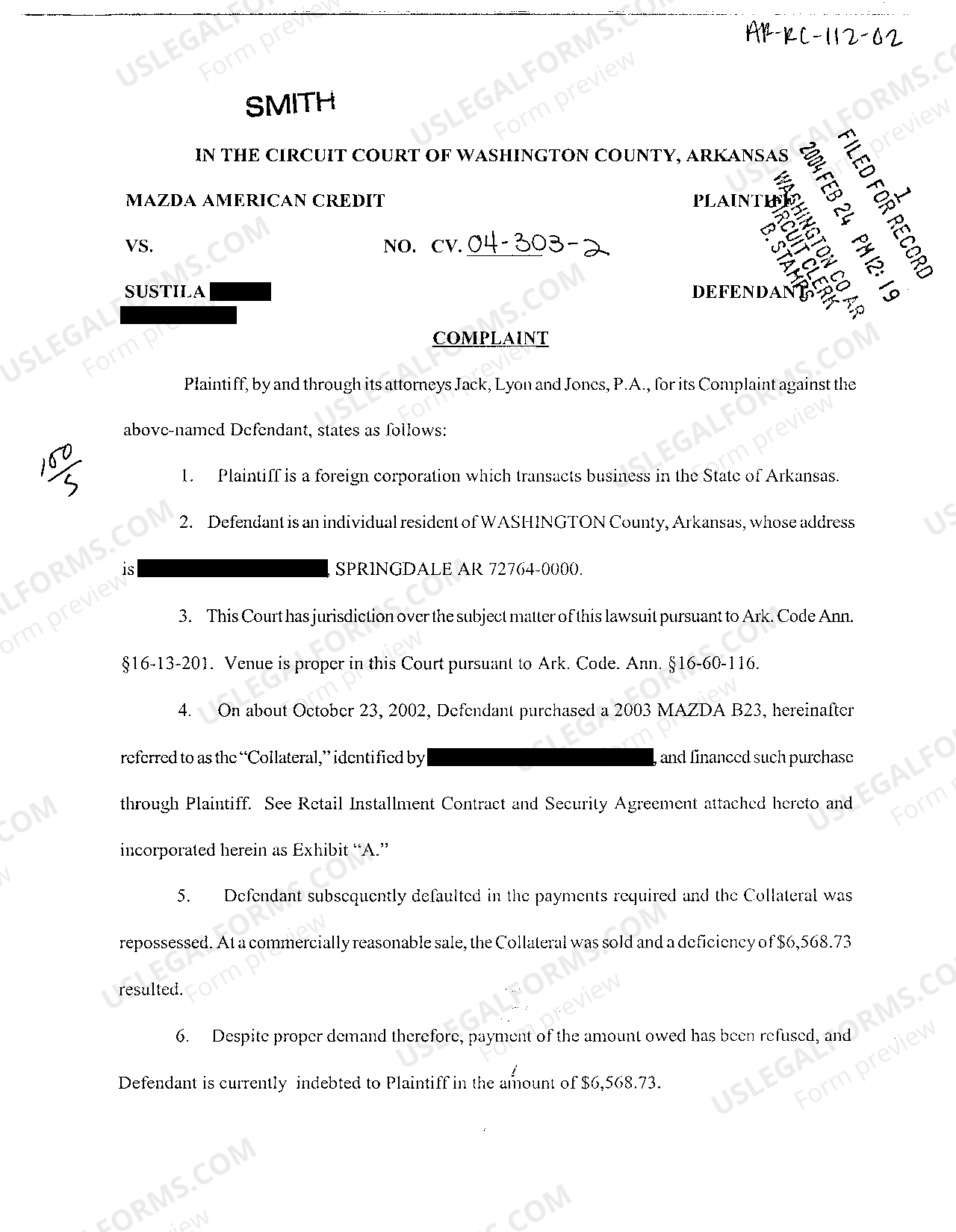 Arkansas Complaint for Deficiency after Repossession and Sale of ...