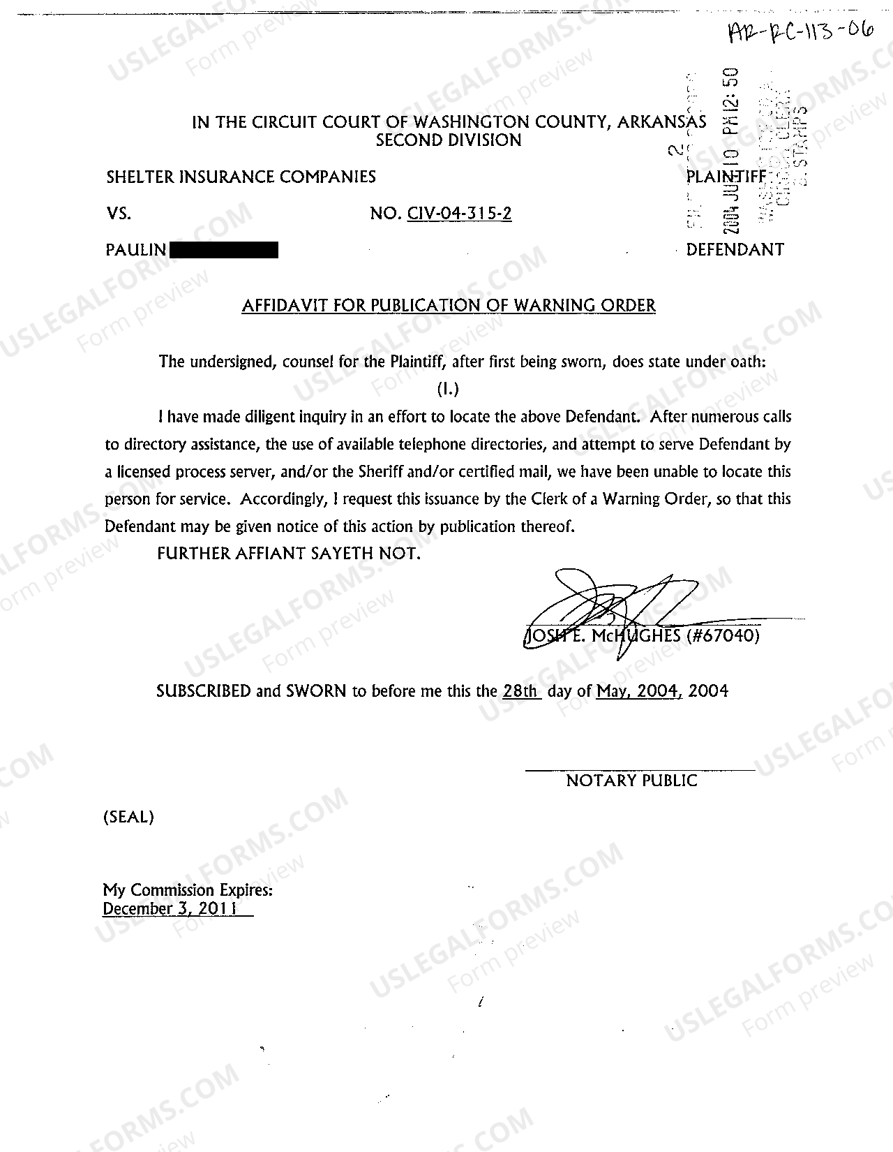 Arkansas Affidavit for Publication of Warning Order | US Legal Forms