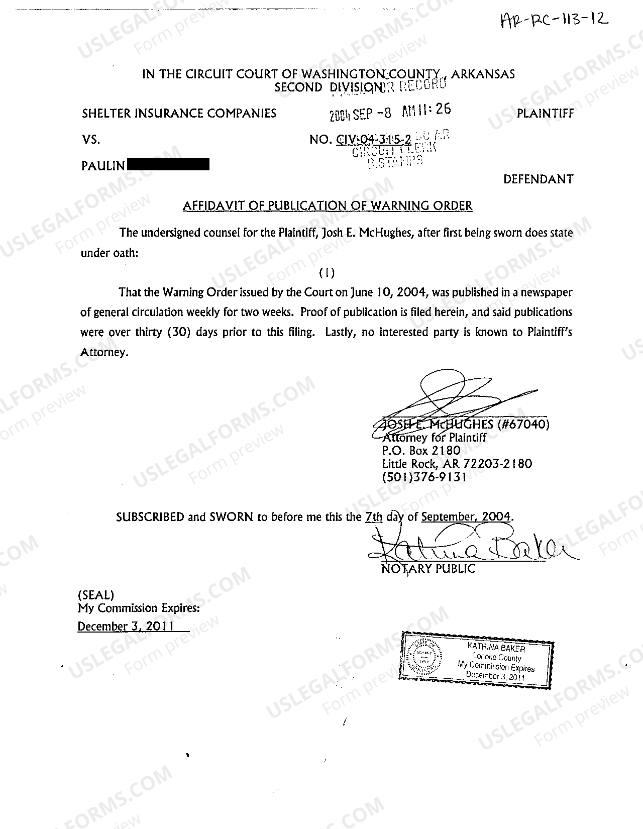 Arkansas Affidavit of Publication of Warning Order | US Legal Forms